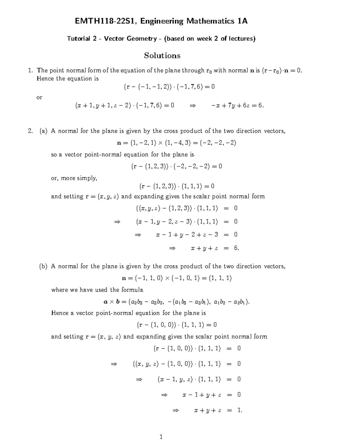 W2 Homeowrk answers - EMTH118-22S1, Engineering Mathematics 1A Tutorial 2 - Vector Geometry ...