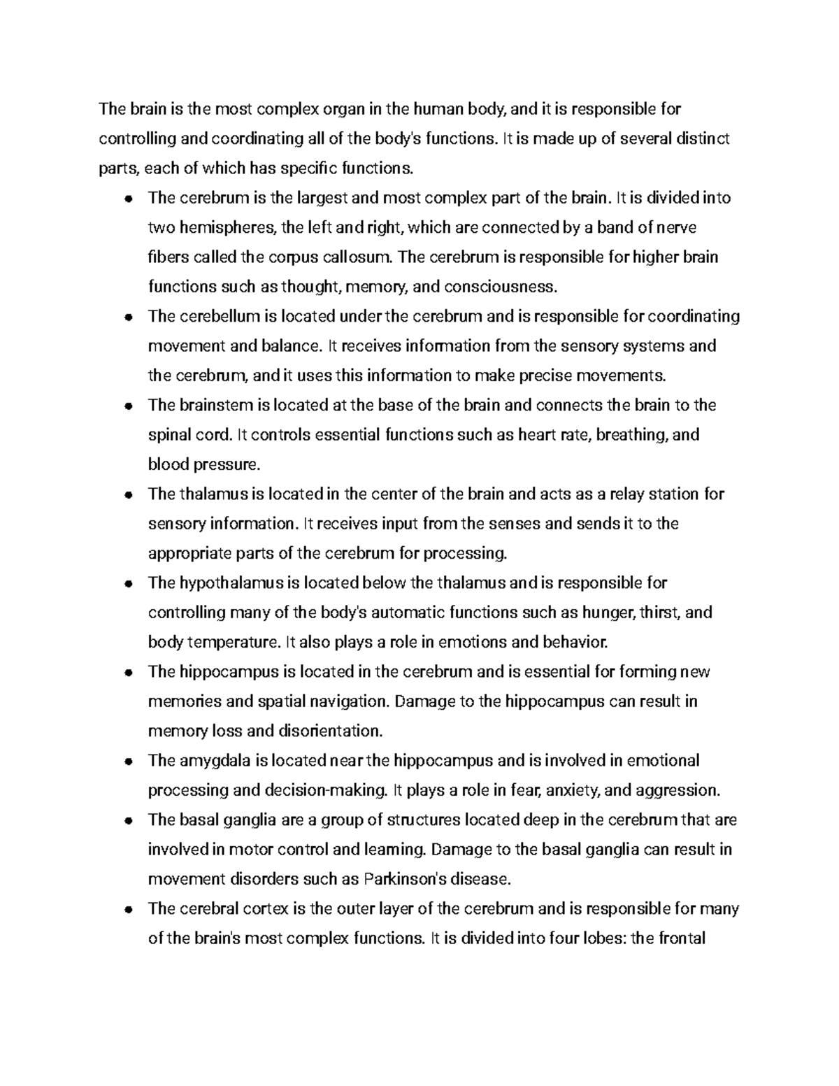 Parts of the Brain Functions Lecture Notes - The brain is the most ...