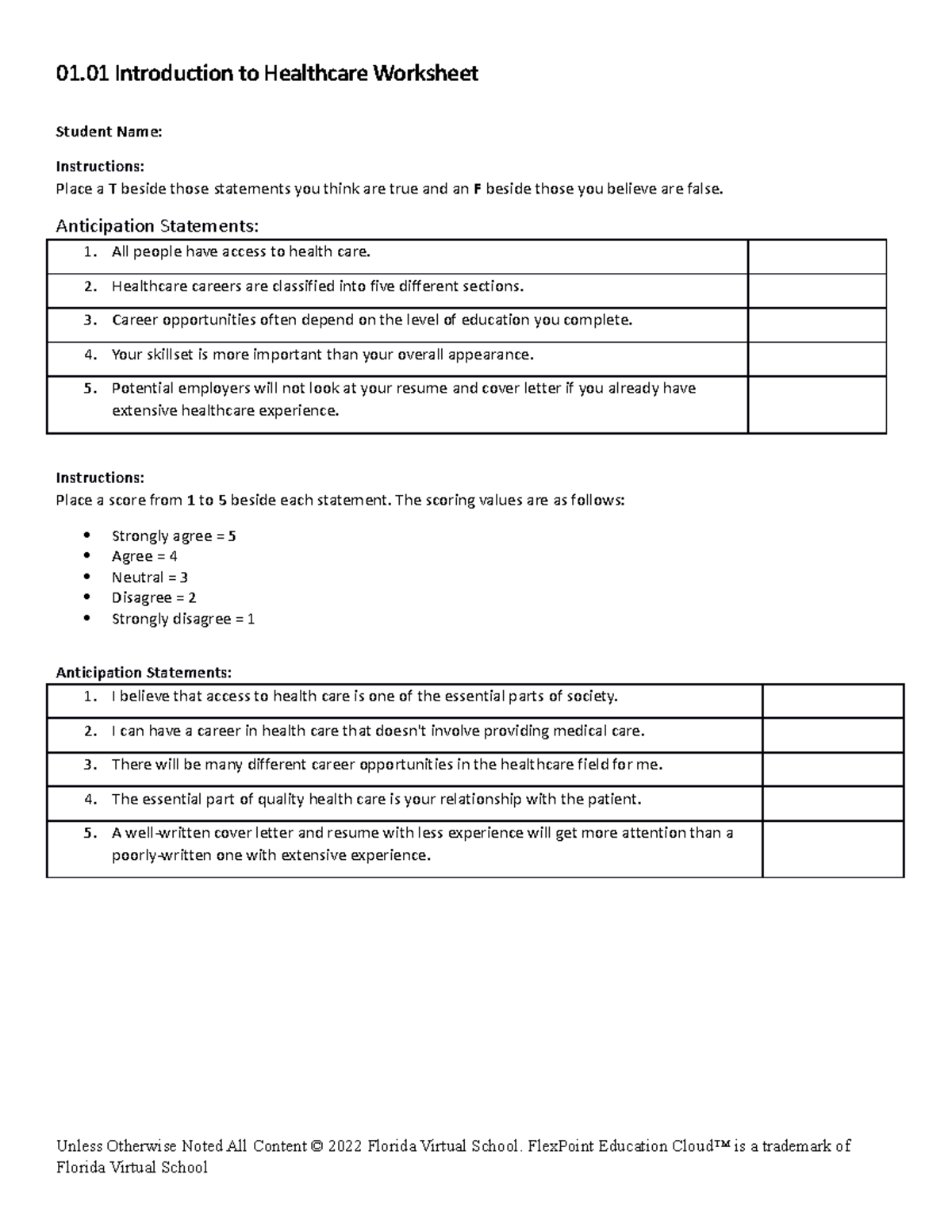 01 01 assessment - english. - 01 Introduction to Healthcare Worksheet ...