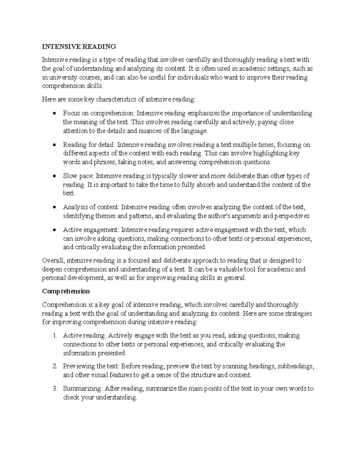 7. Intensive and extensive reading - INTENSIVE READING Intensive ...