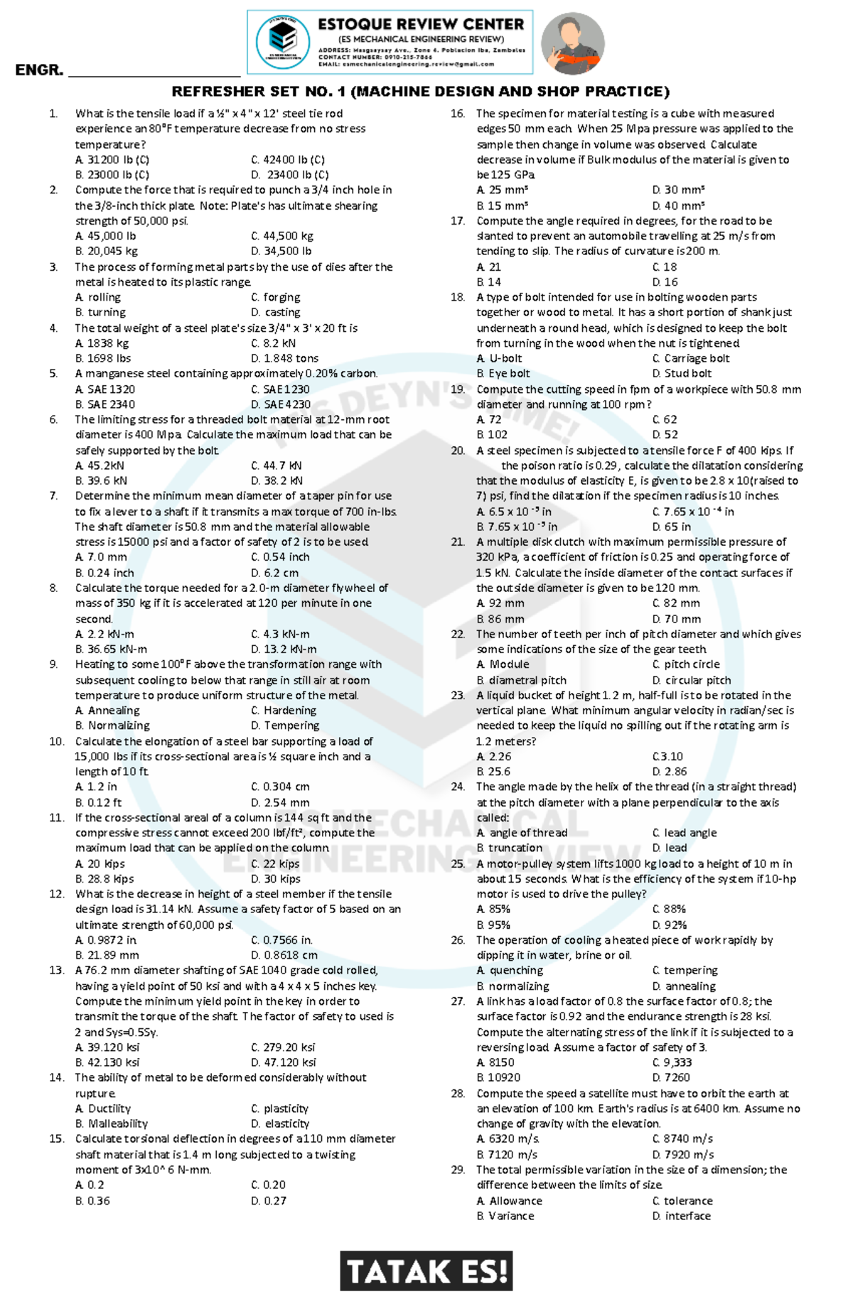 Refresher 1 (MDSP) - Good - What is the tensile load if a ½" x 4" x 12' steel tie rod - Studocu