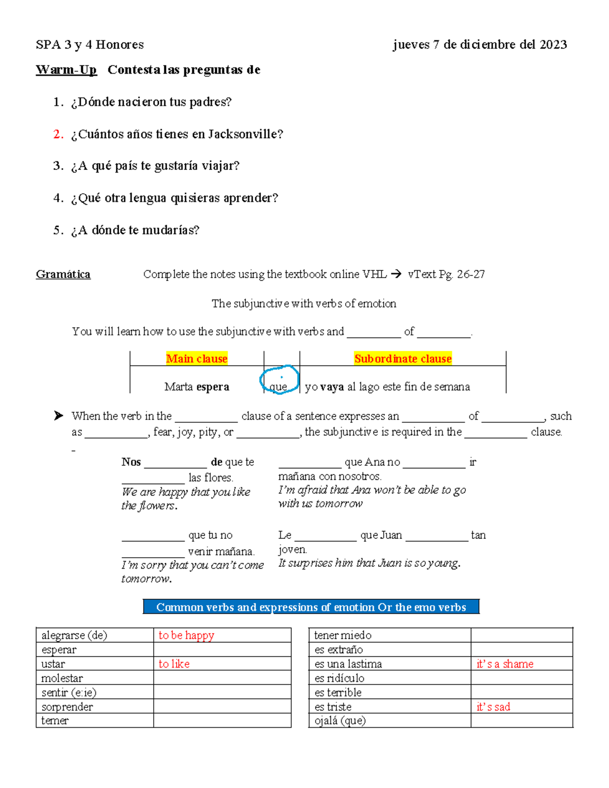 SPA 3 y 4 Hon Lesson 32 - Spanish - SPA 3 y 4 Honores jueves 7 de ...