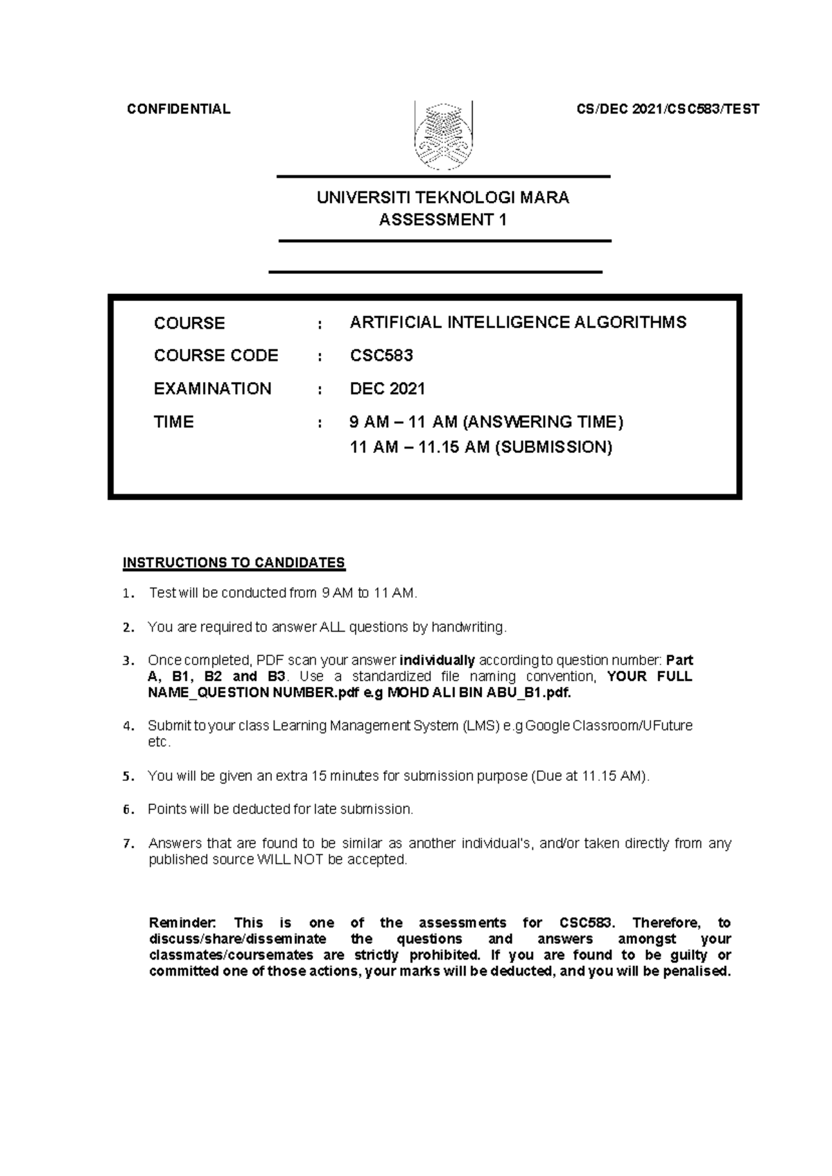 CSC583 - Assessment 1 OCT 2021-FEB 2022 241204 152942 - CONFIDENTIAL CS ...