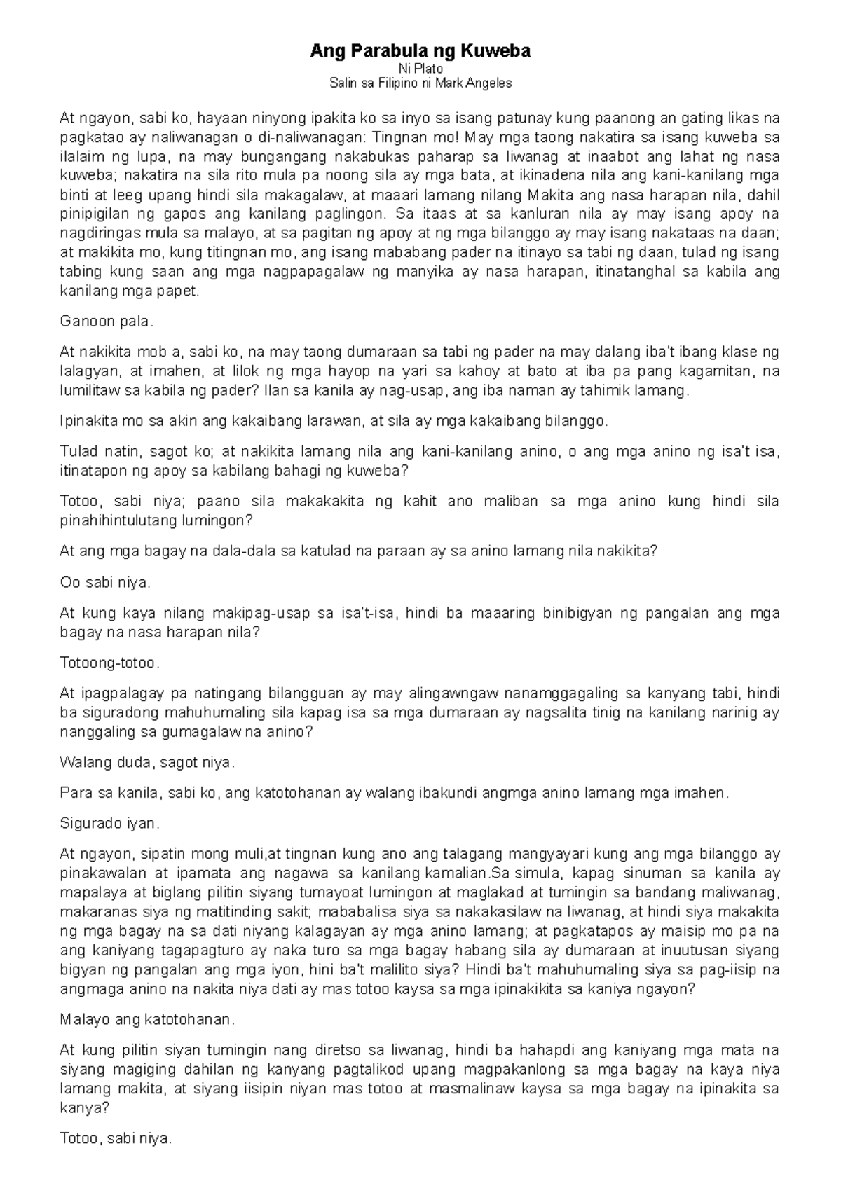 Ang Parabula ng Kuweba - Sa itaas at sa kanluran nila ay may isang apoy ...