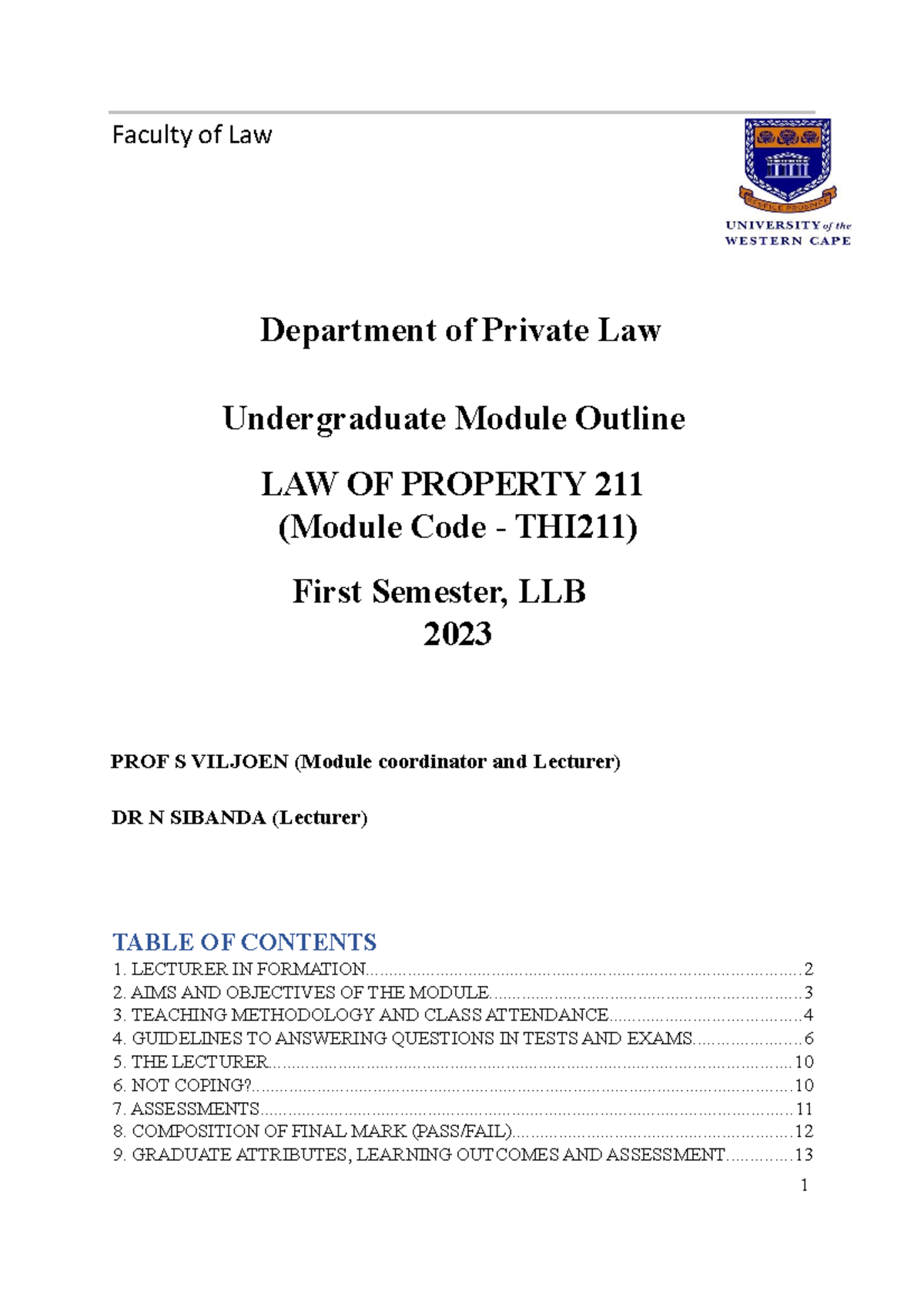 THI211 Module Outline 2023docx - Department of Private Law ...