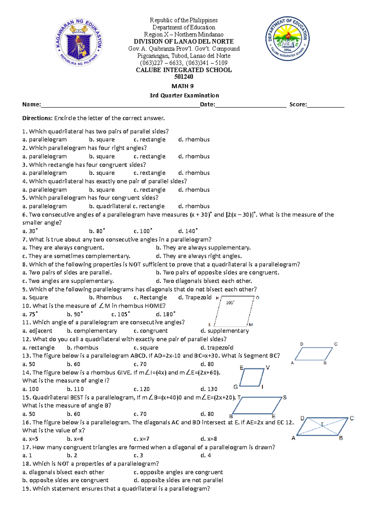 3rd Quarter Examination Grade 9 - MATH 9 3rd Quarter Examination Name ...