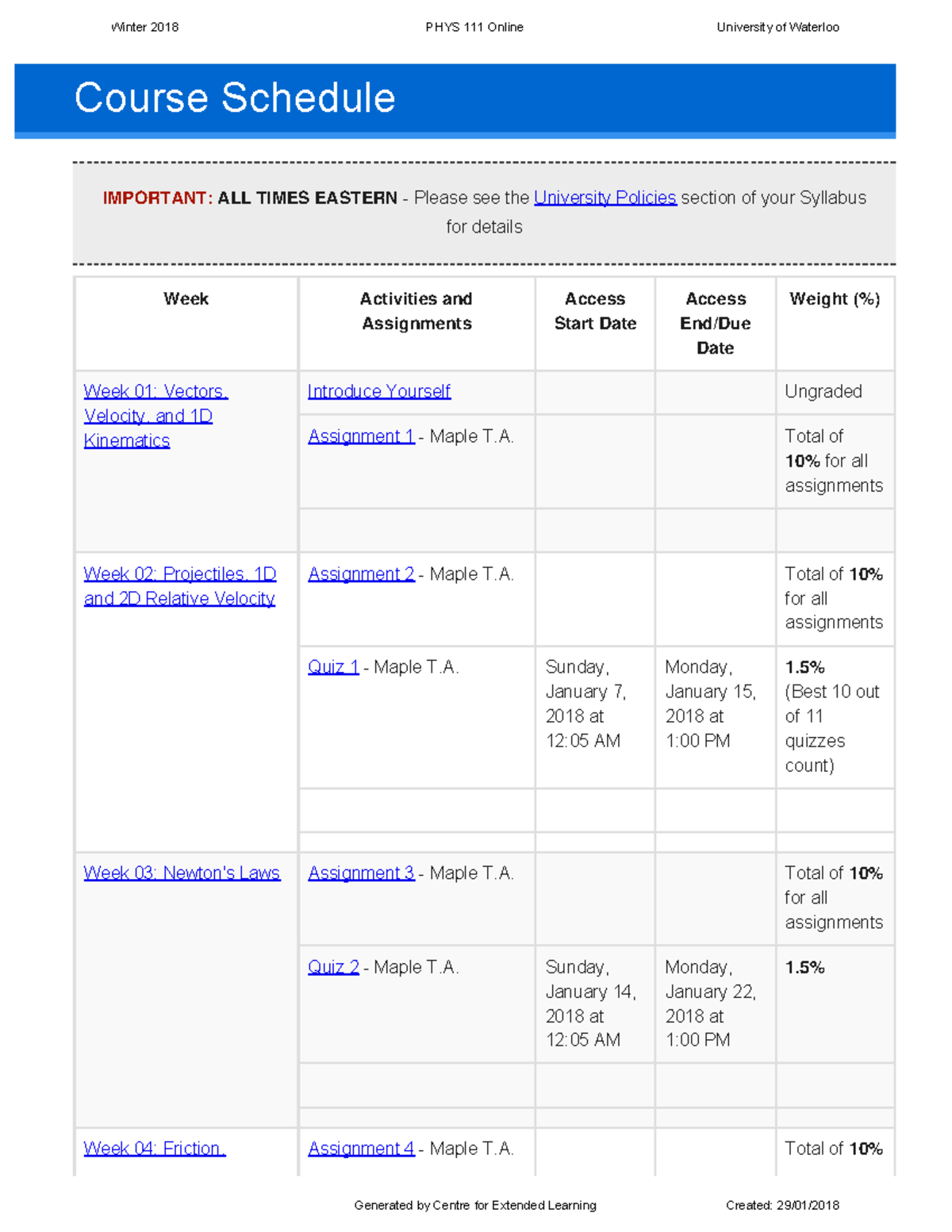 1181 PHYS 111 OUTLINE SCHEDULE - Winter 2018 PHYS Online University of ...
