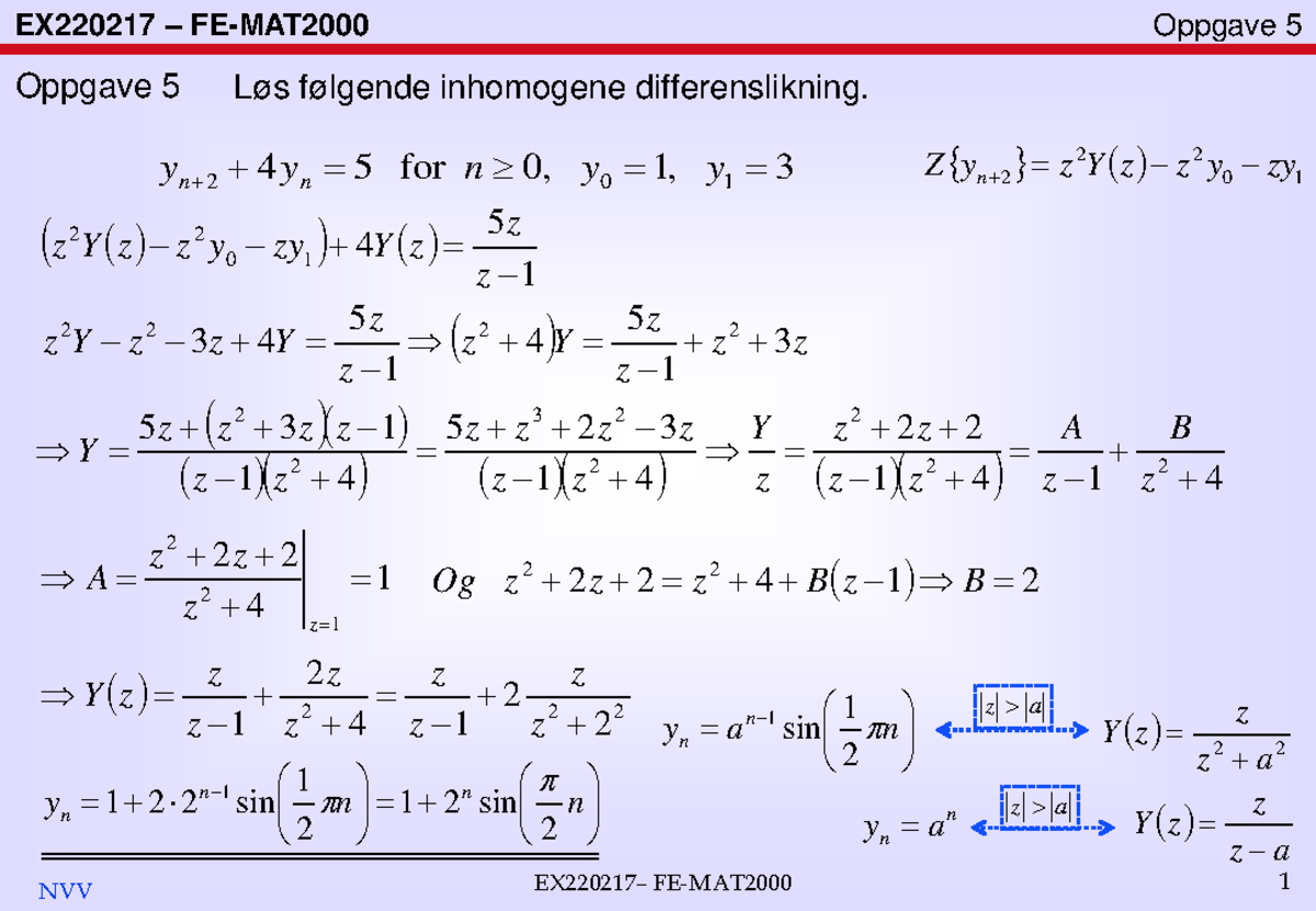 Fasit 220217 FE-MAT2000 Oppg5-9 - yn 2 4 yn 5 for n ,0 y 0 ,1 y 1 3 1 5 0 1 - Studocu