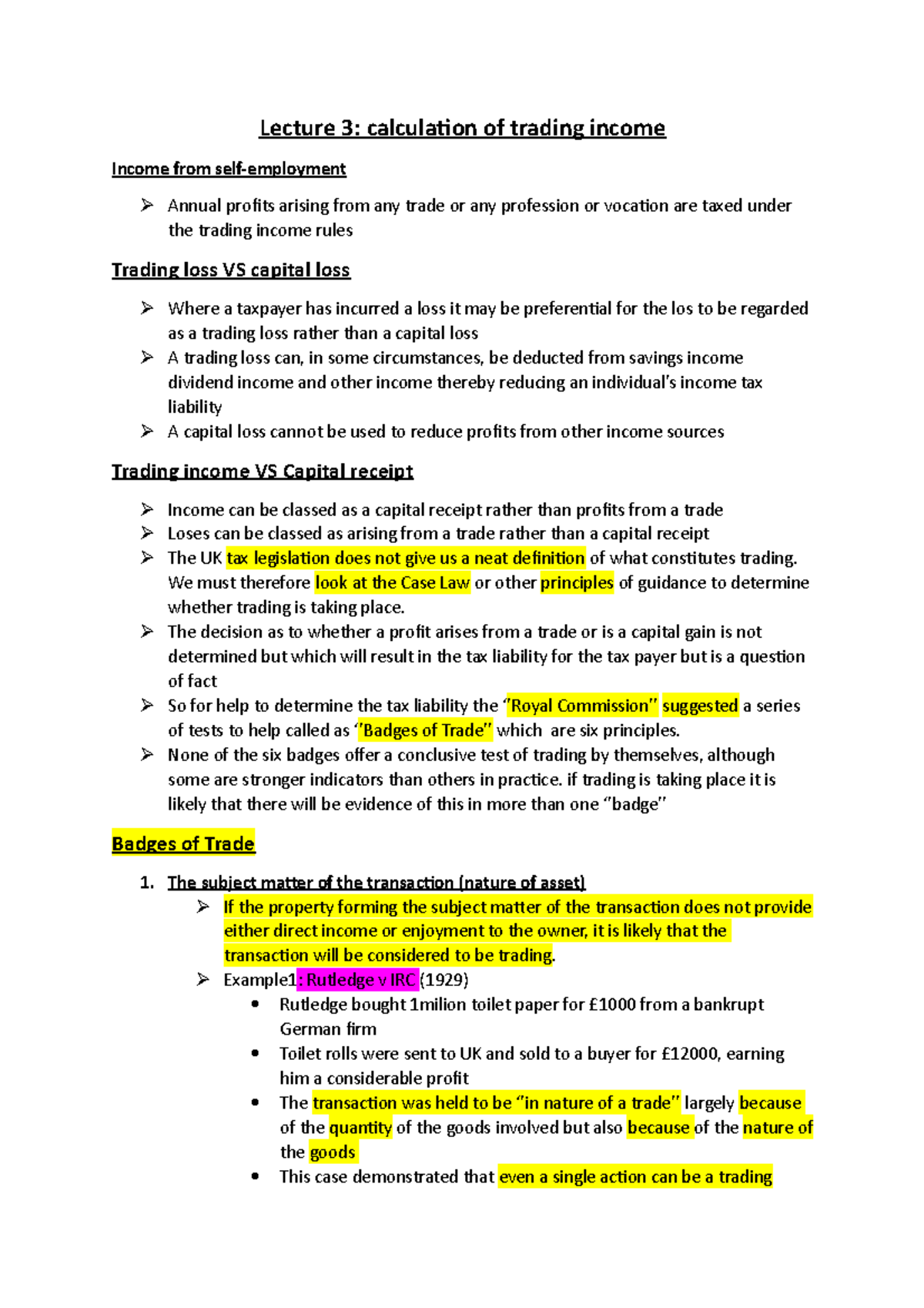 calculation of trading income - Lecture 3: calculation of trading ...