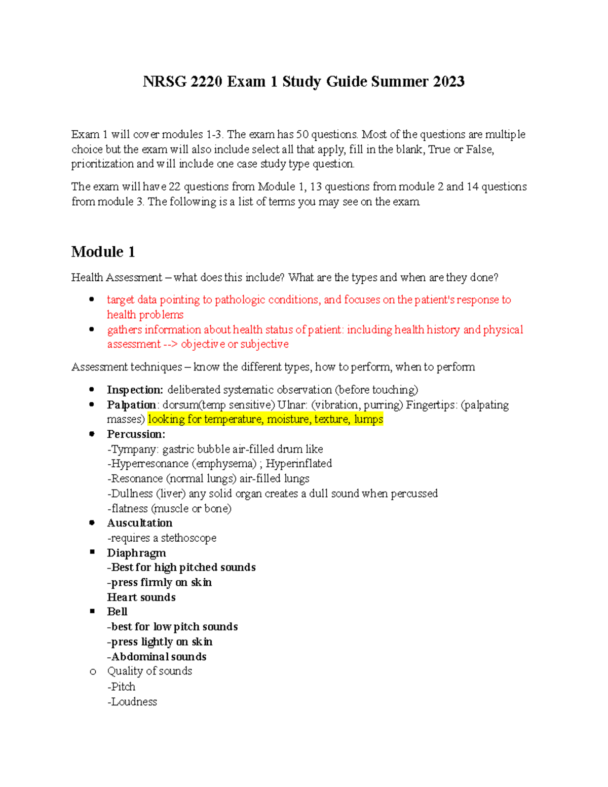 NRSG 2220 Exam 1 Study Guide Summer 2023 - NRSG 2220 Exam 1 Study Guide ...