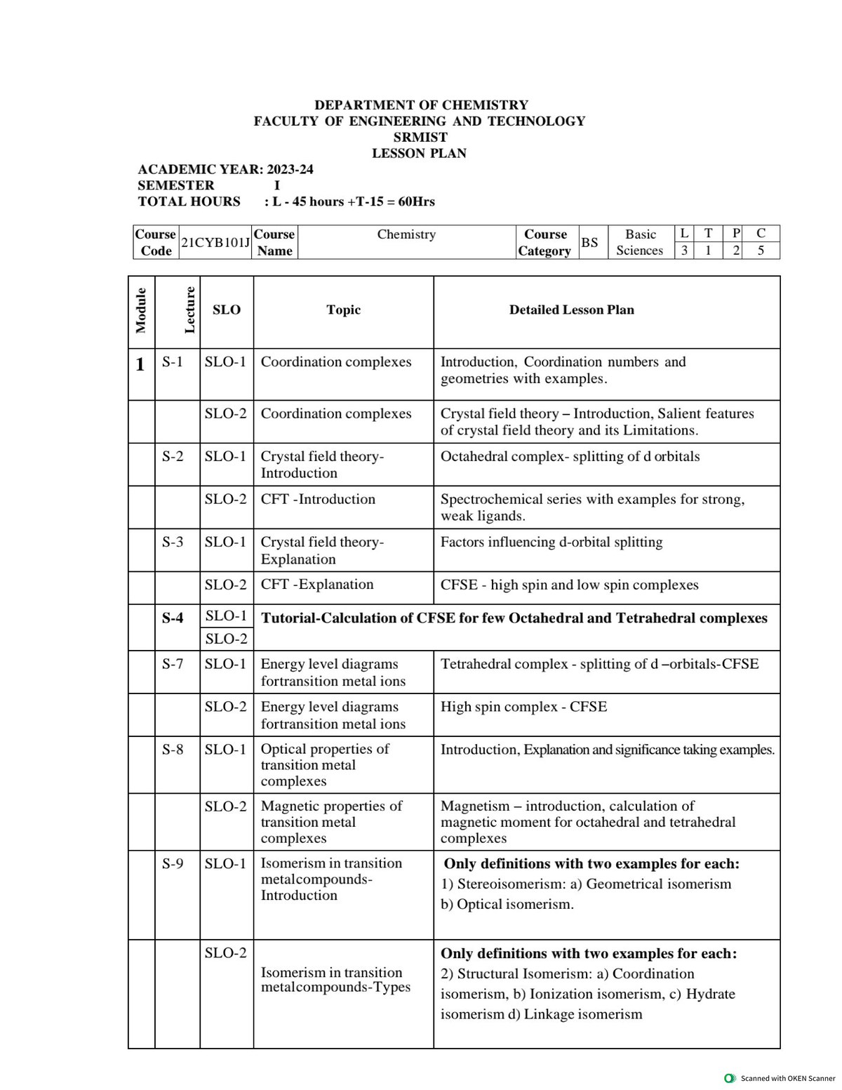 21CYB101J - Theory - Lesson PLan - Chemistry - Studocu