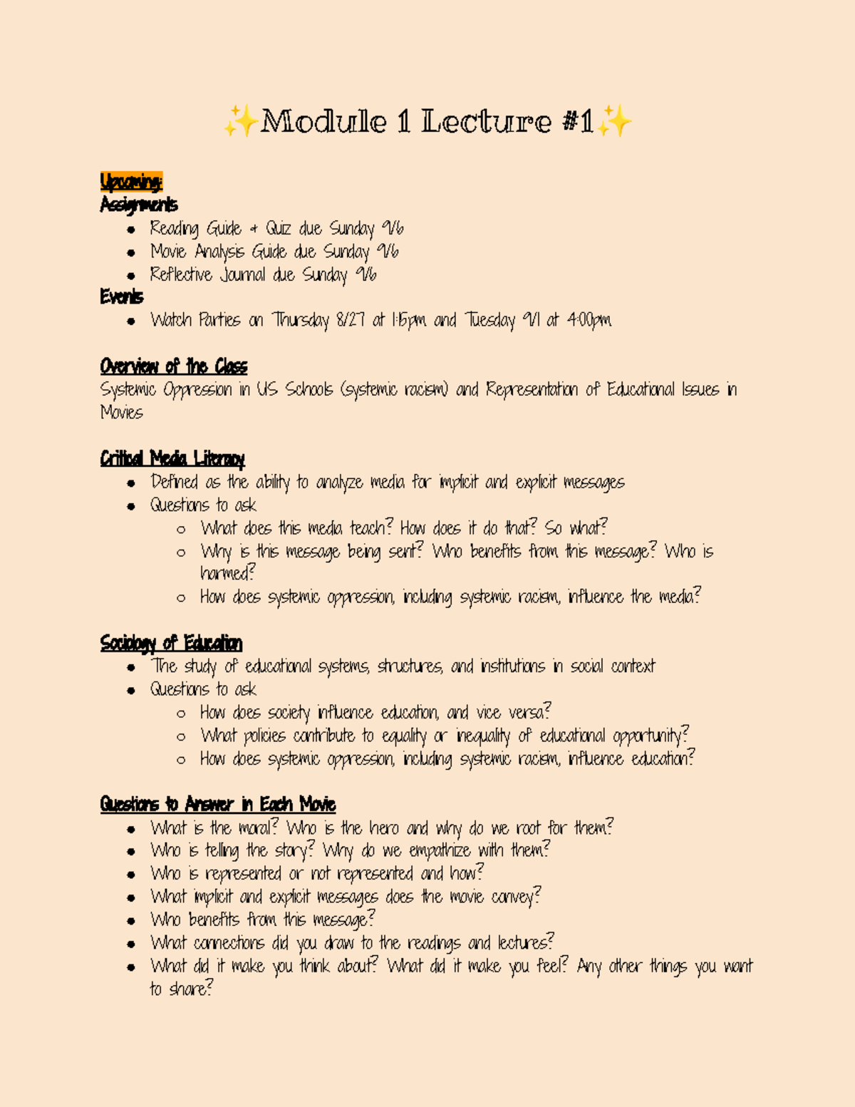 Module 1 Lecture #1 - Module 1 Lecture #1 Upcoming: Assignments Reading Guide & Quiz due - Studocu