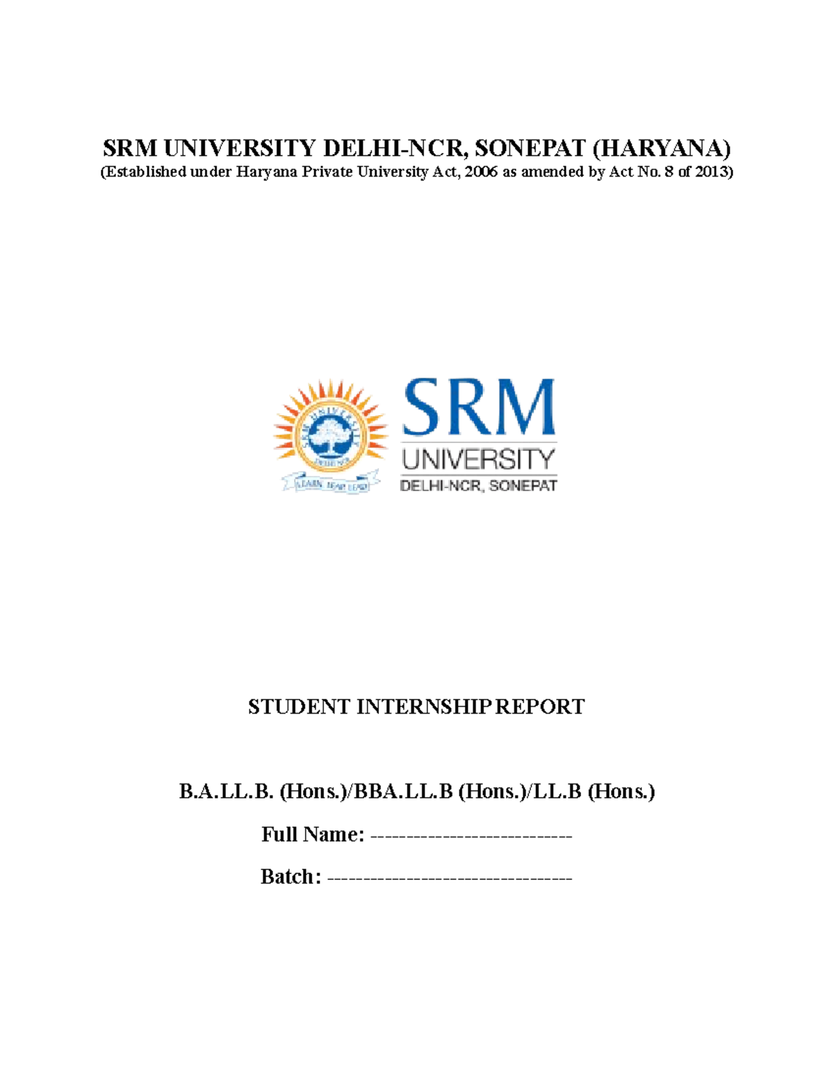 Student Internship Record Format - SRM UNIVERSITY DELHI-NCR, SONEPAT ...