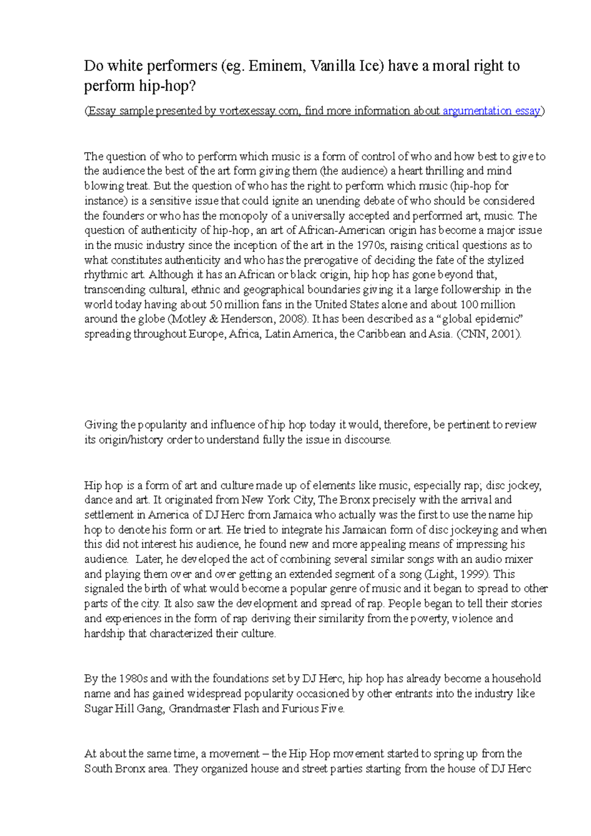 Argumentative Essay Sample - Do white performers (eg. Eminem, Vanilla ...