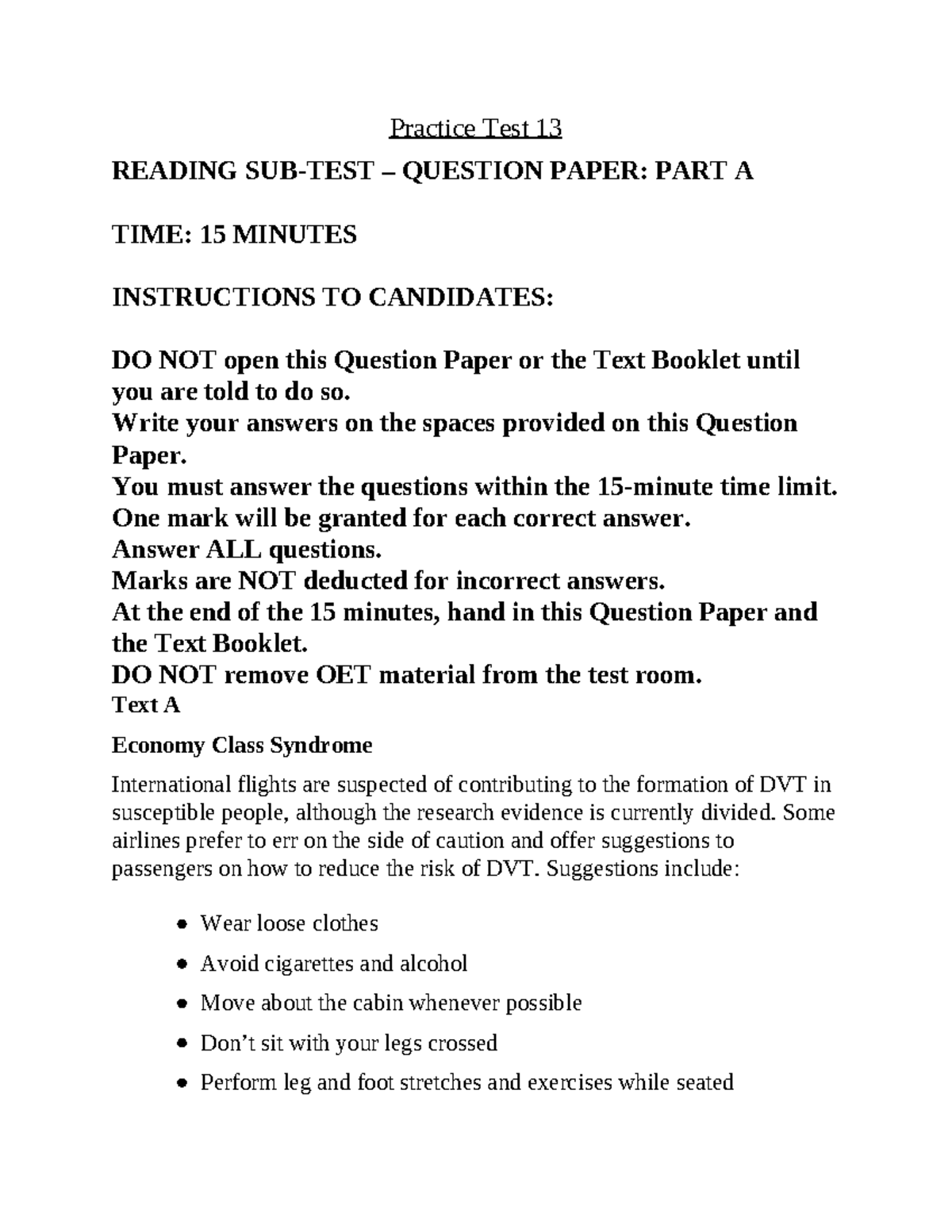 Reading Q - OET PREPARATION MATERIALS - Practice Test 13 READING SUB ...