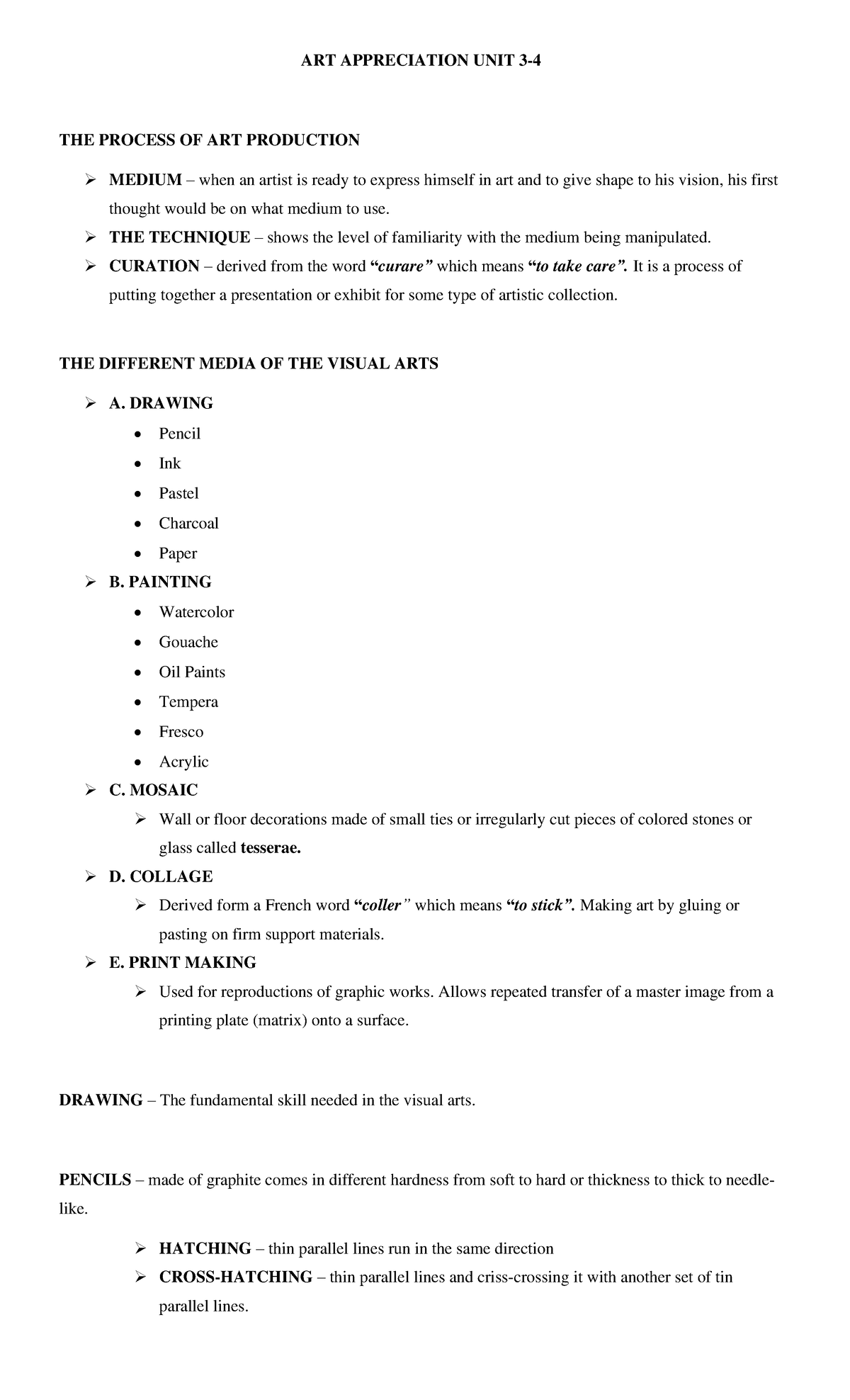 ART Appreciation Reviewer 3 4 - ART APPRECIATION UNIT 3- 4 THE PROCESS OF ART PRODUCTION MEDIUM ...