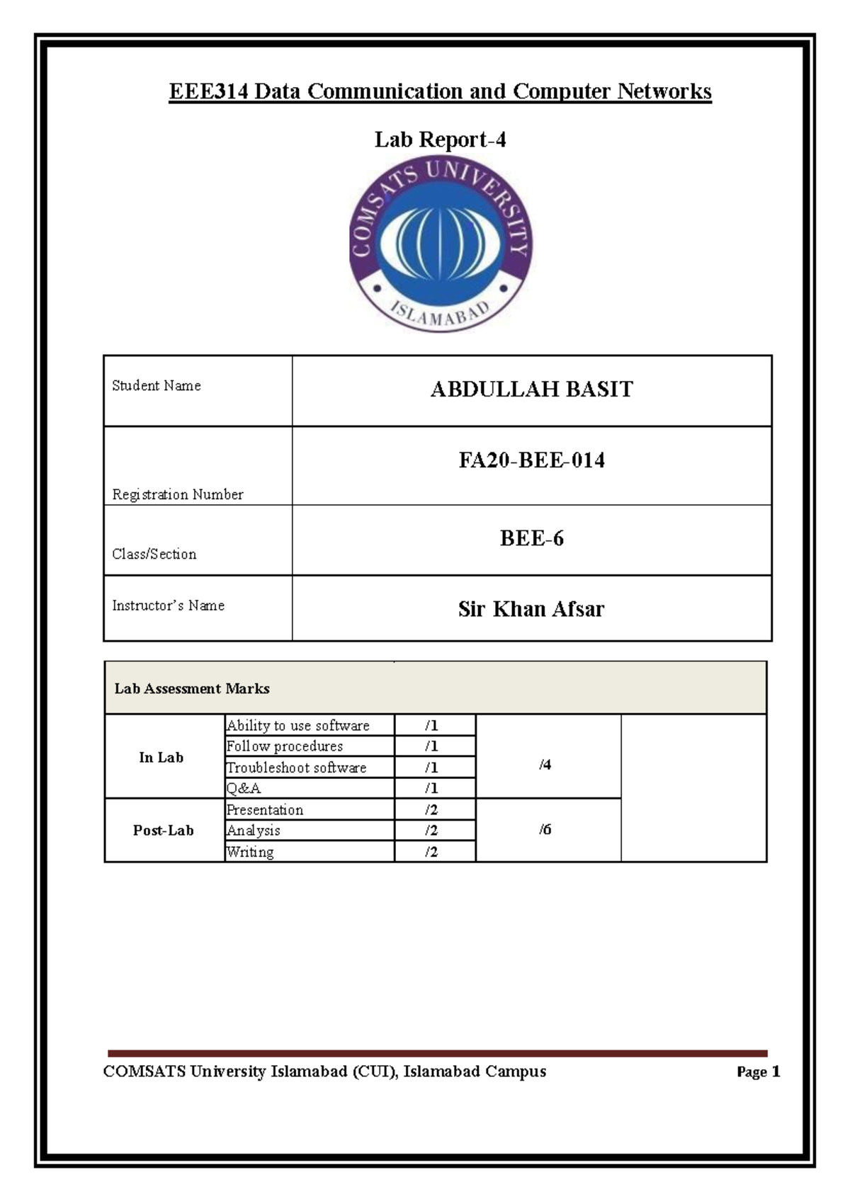 LAb04 DCCN FA20-BEE-014 - EEE314 Data Communication and Computer Networks Lab Report- 4 Student ...