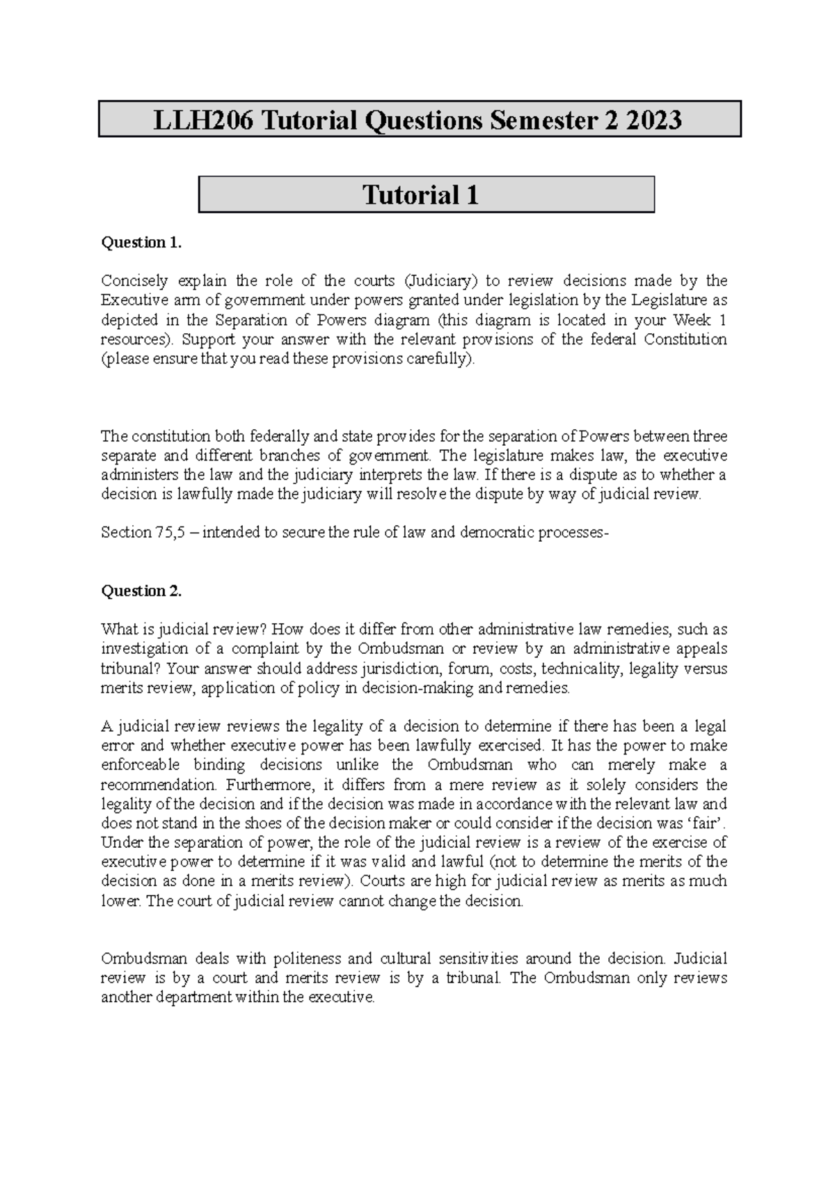 LLH206 Tutorial 1 Student Questions 30.07.22(1) - LLH206 Tutorial Questions Semester 2 2023 ...