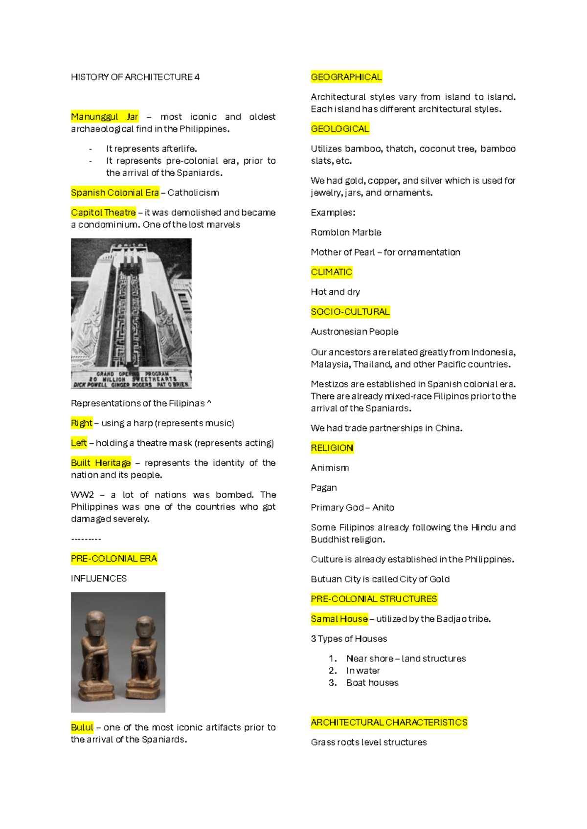 HOA 4 Notes PRE- Colonial - HISTORY OF ARCHITECTURE 4 Manunggul Jar ...