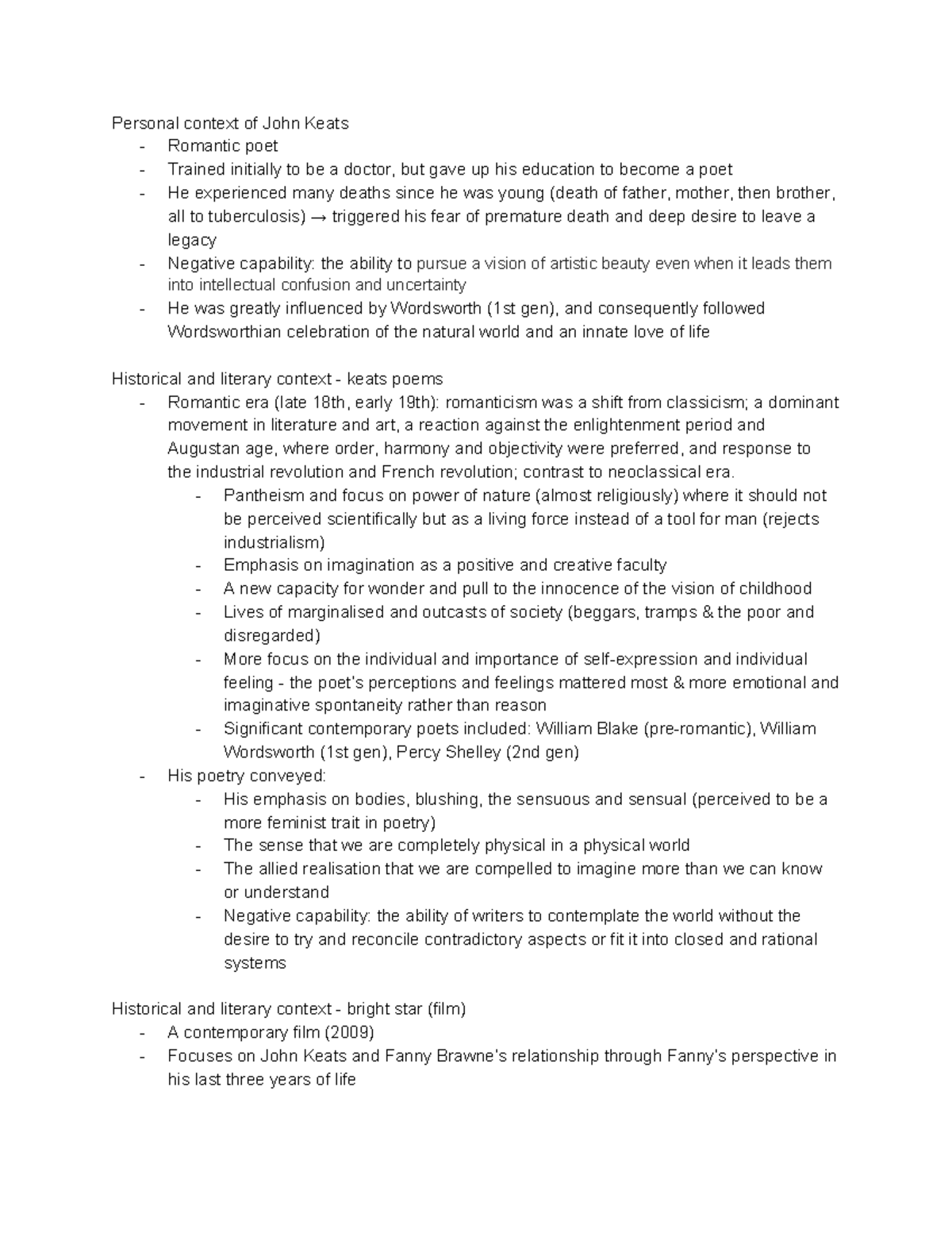 Keats research context - Personal context of John Keats - Romantic poet ...