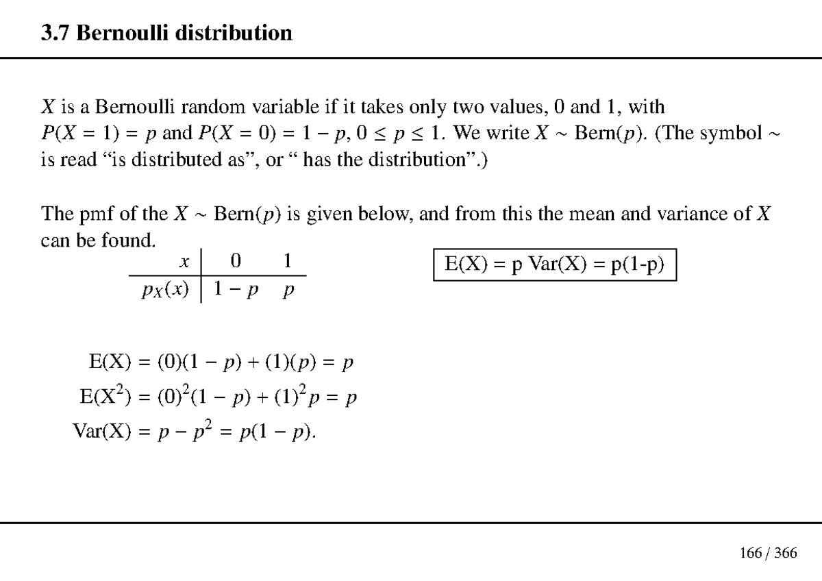 Week 3 1 - slides for MATH 1721 - 3 Bernoulli distribution X is a ...