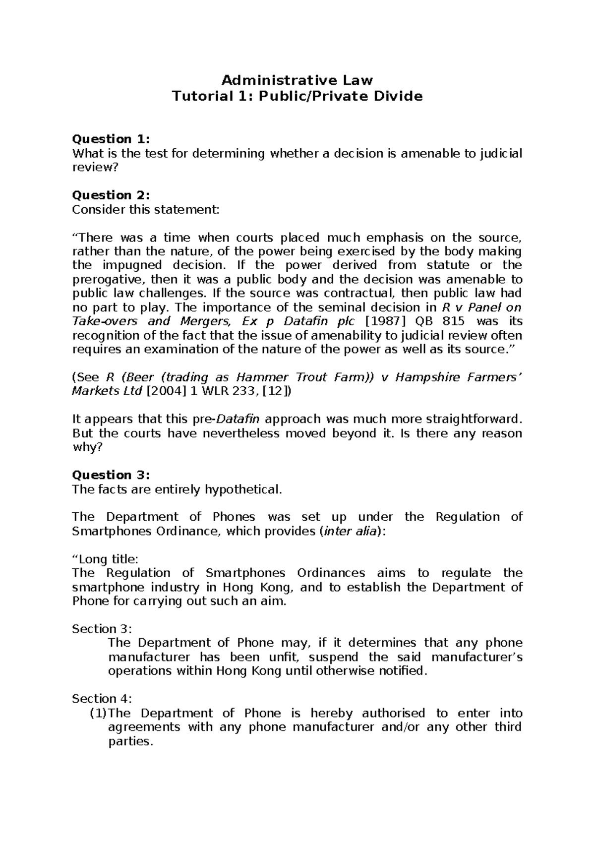 Tutorial 1 Question - notes - Administrative Law Tutorial 1: Public ...