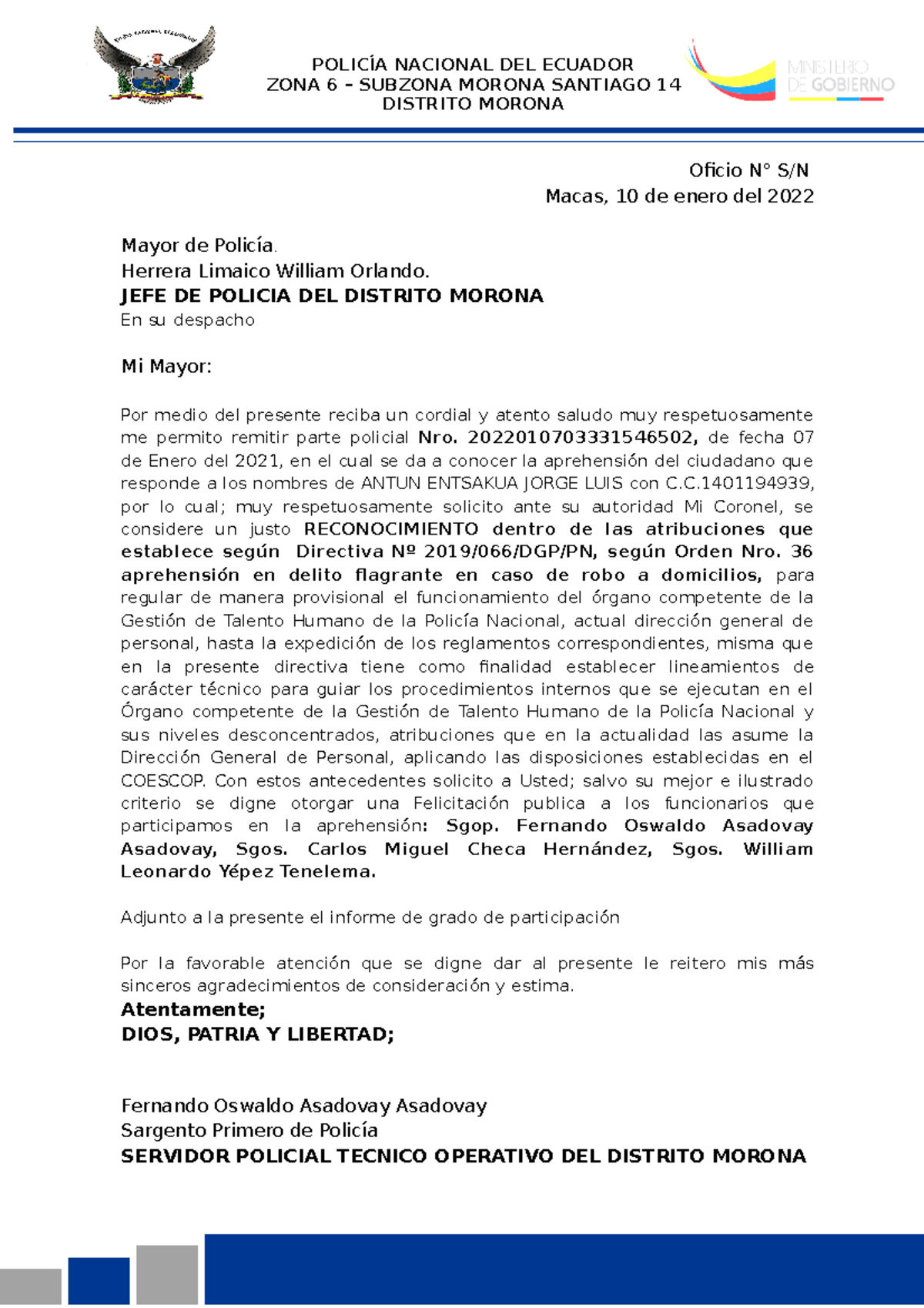 Informe ROBO A Domicilio Santa ANA - ZONA 6 – SUBZONA MORONA SANTIAGO ...