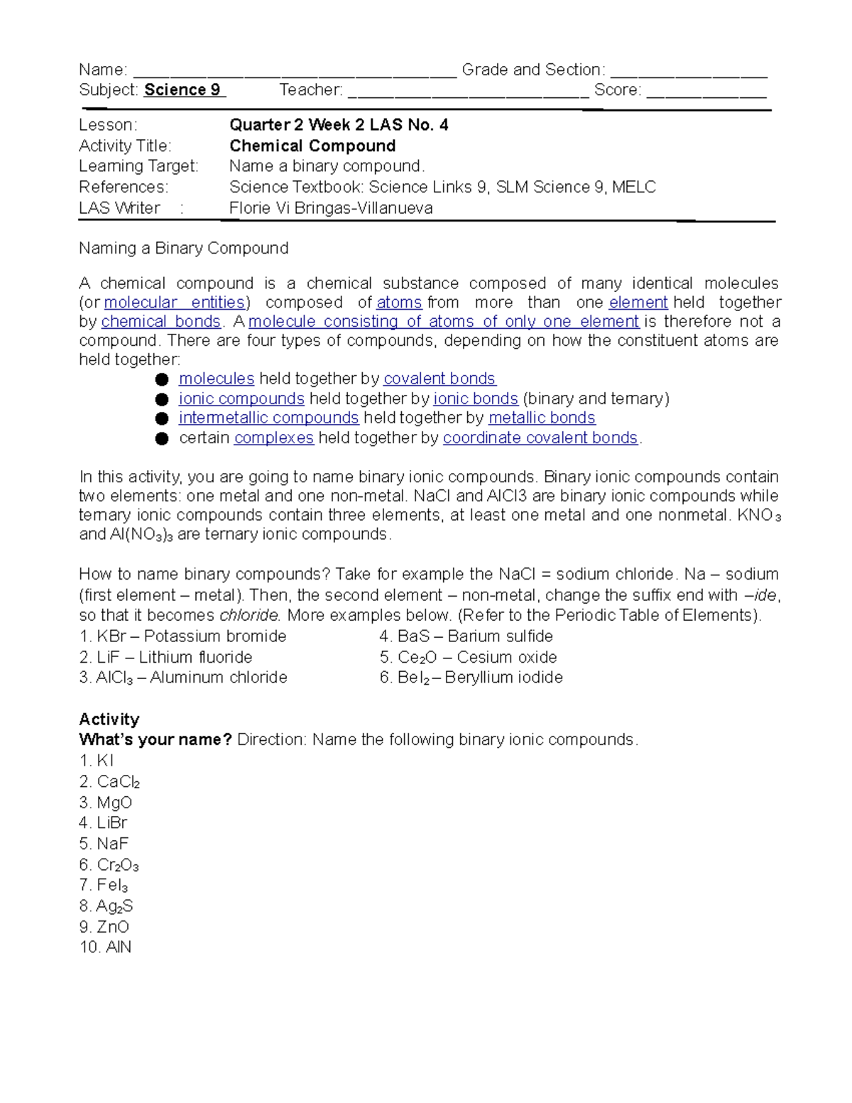 Science 9 Q2 Week2 LAS4 - Name: ___________________________________ Grade and Section: - Studocu