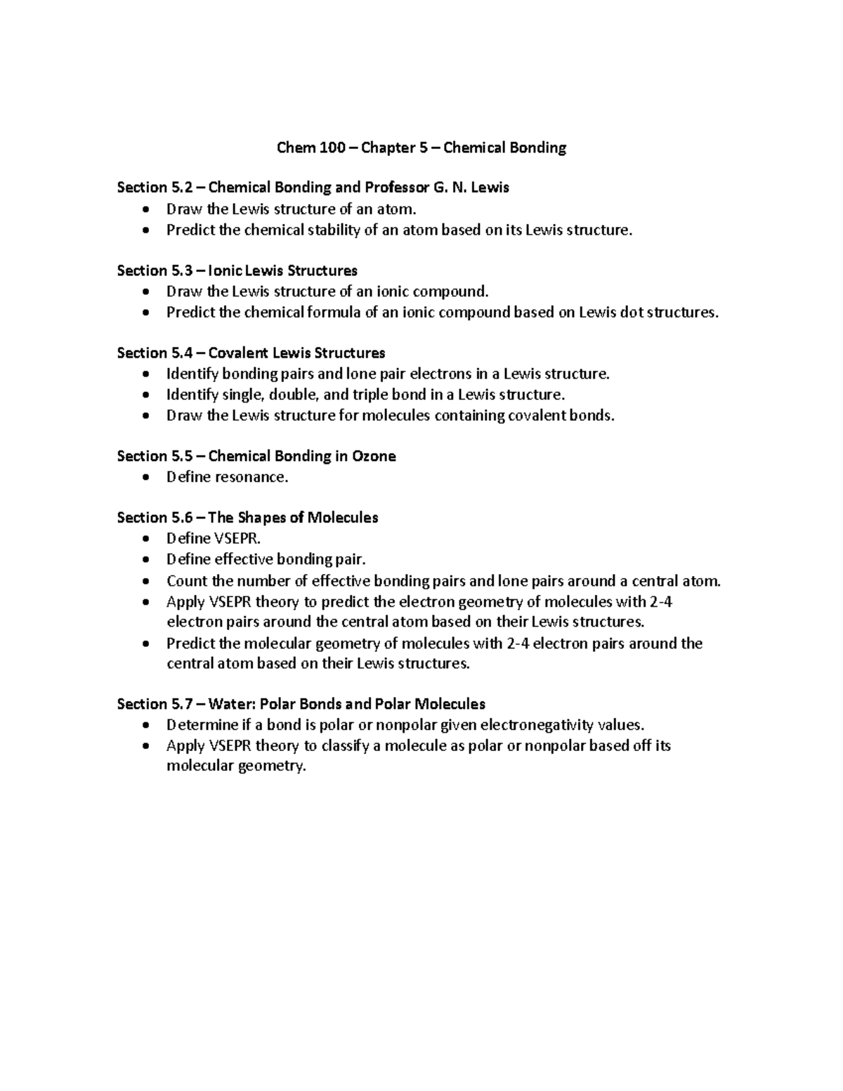Chemistry Exam 3 Help - Exam 3 - Chem 100 – Chapter 5 – Chemical Bonding Section 5 – Chemical ...