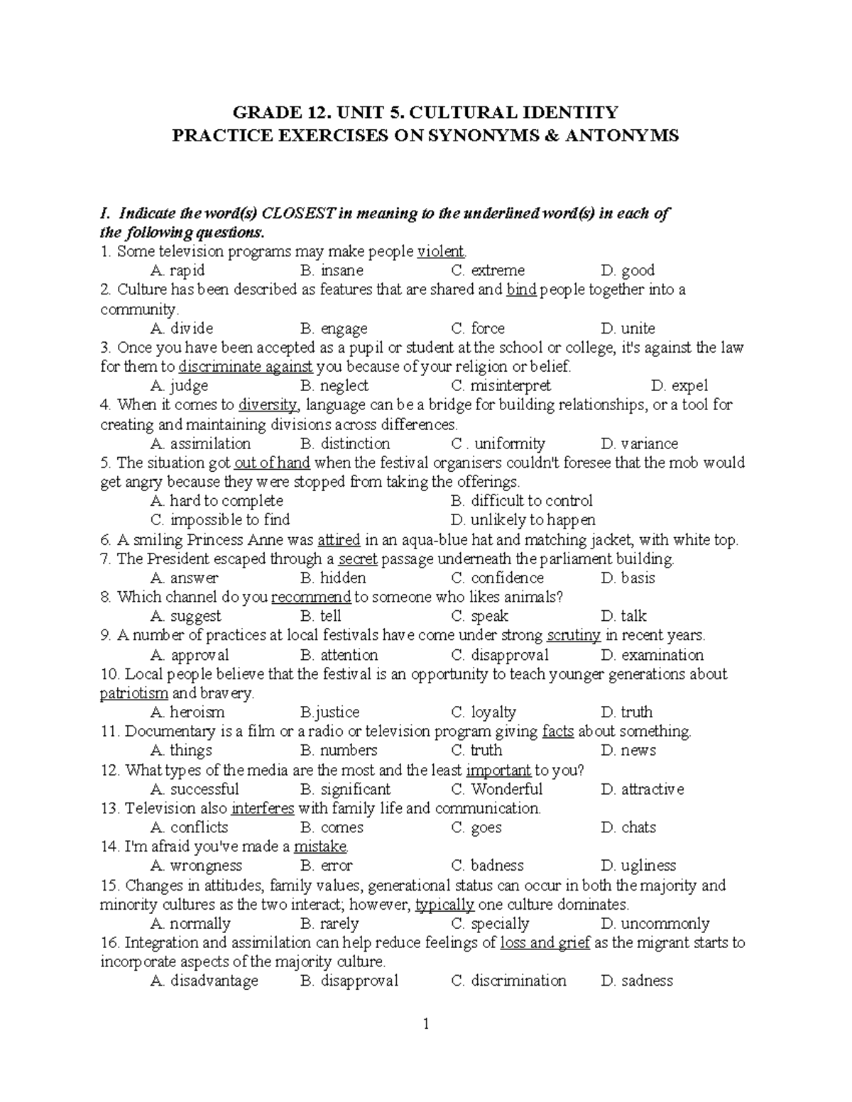 UNIT 5. Synonyms & antonyms - GRADE 12. UNIT 5. CULTURAL IDENTITY ...