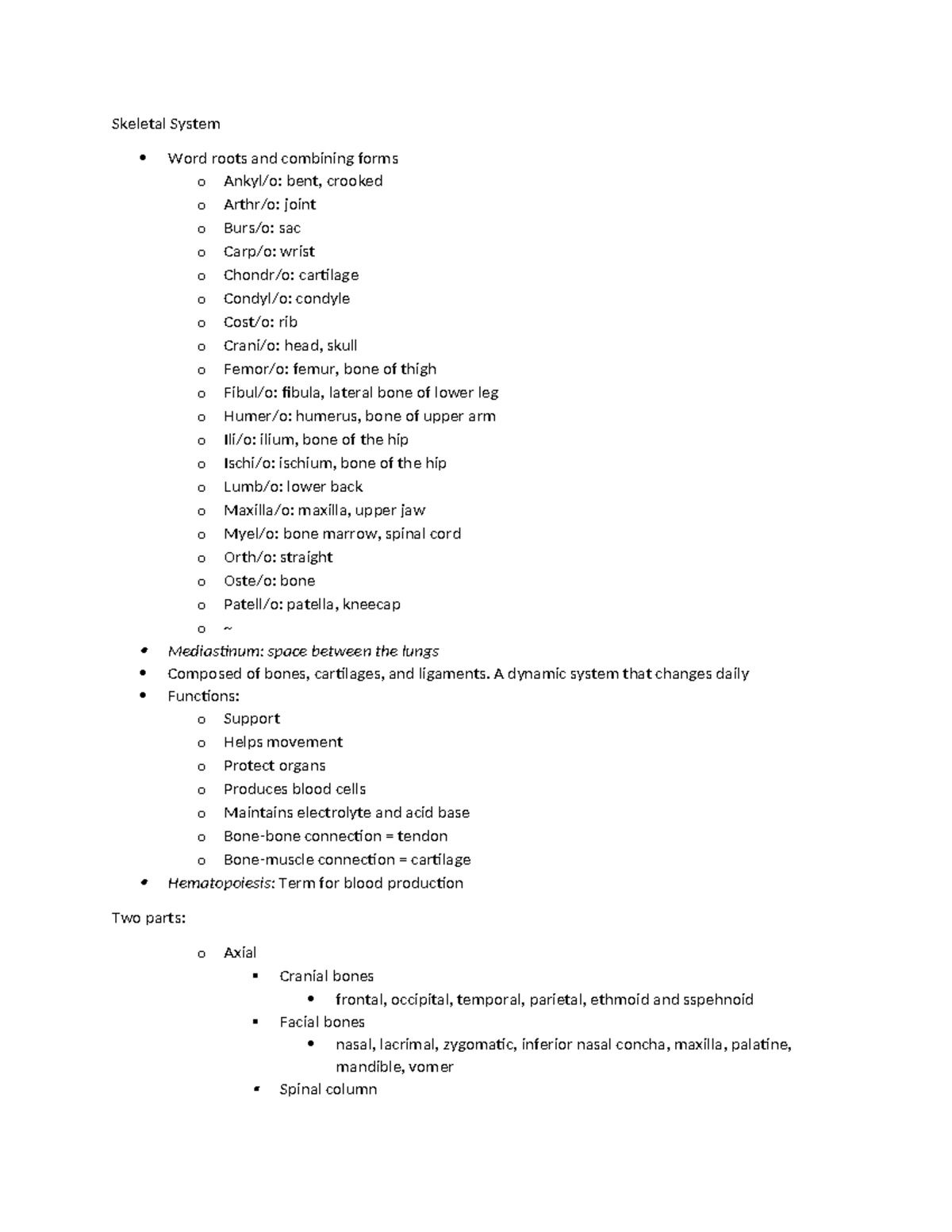 Skeletal-System-Notes - Skeletal System Word roots and combining forms ...