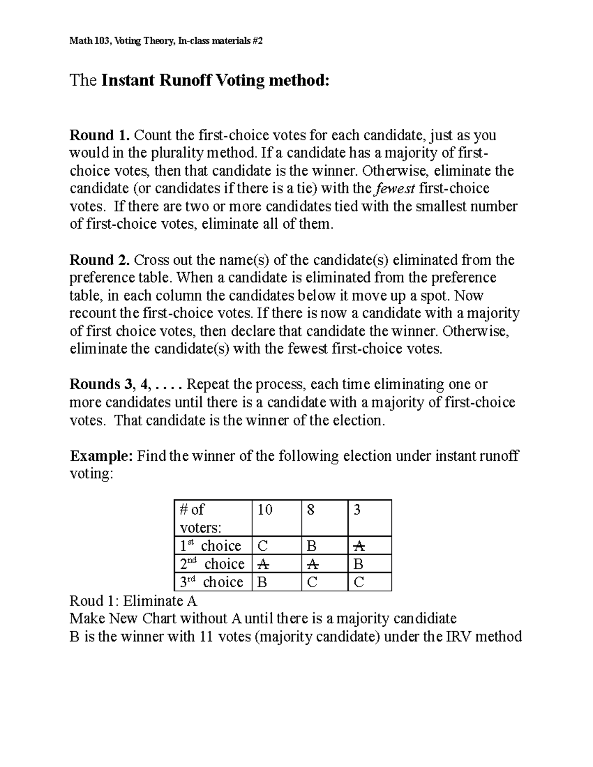 Voting theory notes - Math 103, Voting Theory, In-class materials #2 ...
