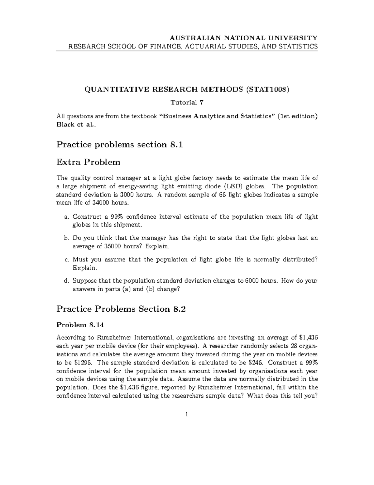 STAT1008 Tutorial 7 - AUSTRALIAN NATIONAL UNIVERSITY RESEARCH SCHOOL OF ...
