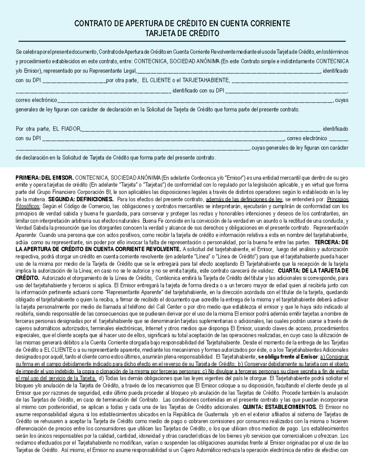 Contrato DE Tarjeta DE Credito - Se celebra por el presente documento ...