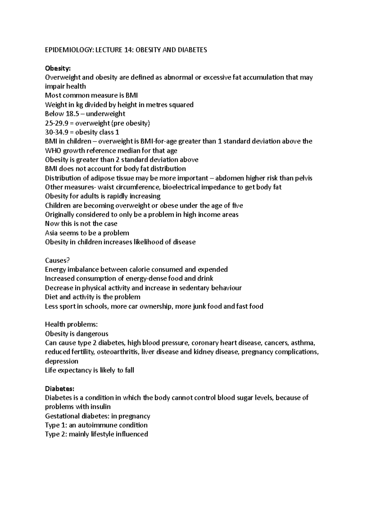 L14 - Lecture notes 14 - EPIDEMIOLOGY: LECTURE 14: OBESITY AND DIABETES ...