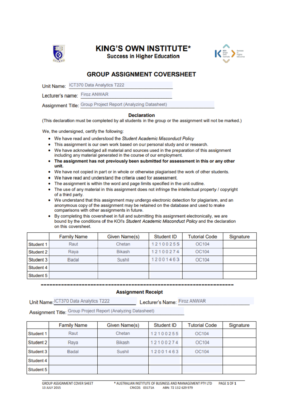 ICT370 Data Analytics Group Project Report - PRESENTED BY: Team Member ...