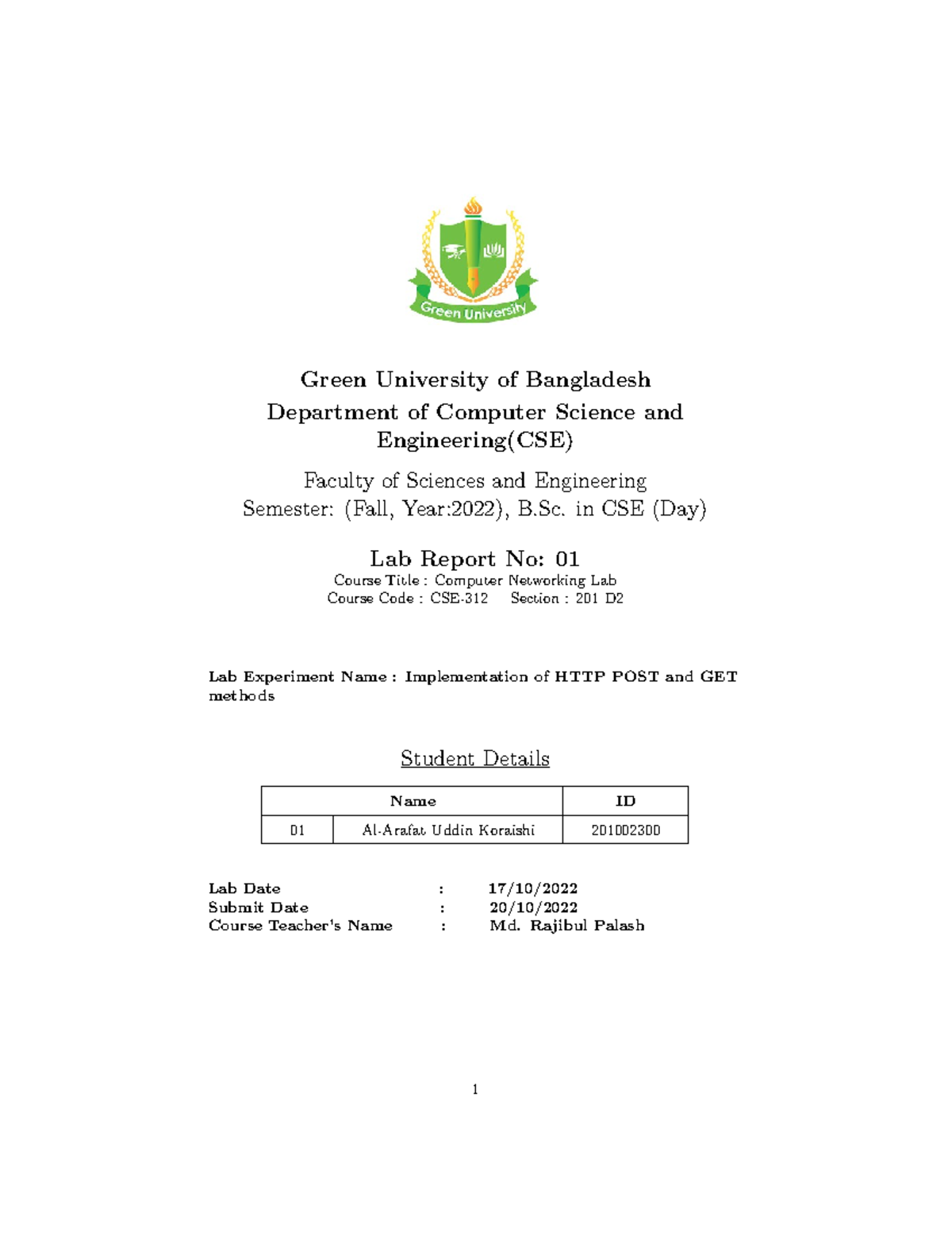 2010 02300 Networking Lab1 - Green University of Bangladesh Department of Computer Science and ...