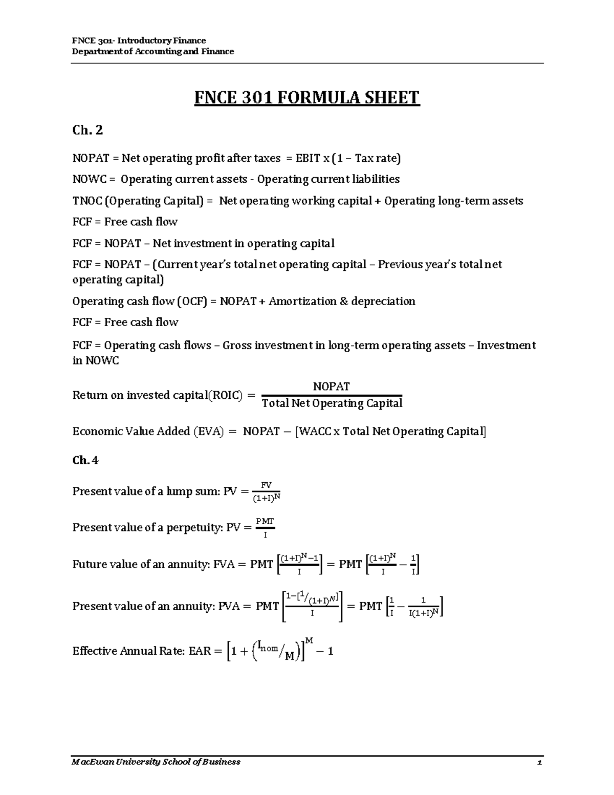 FNCE 301 Formula Sheet - Department of Accounting and Finance FNCE 301 ...