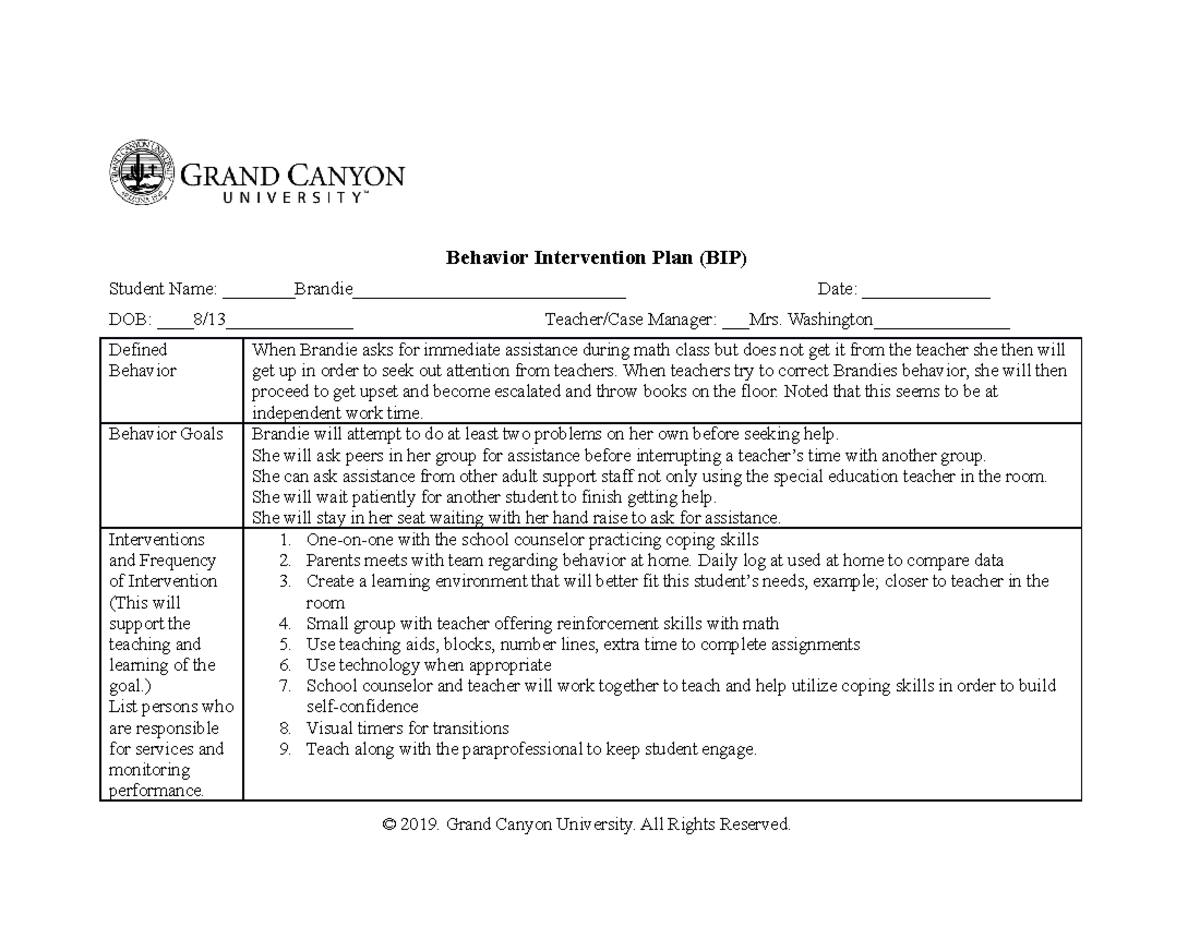 SPD 540 RS Behavior Intervention Plan BIP - Behavior Intervention Plan ...