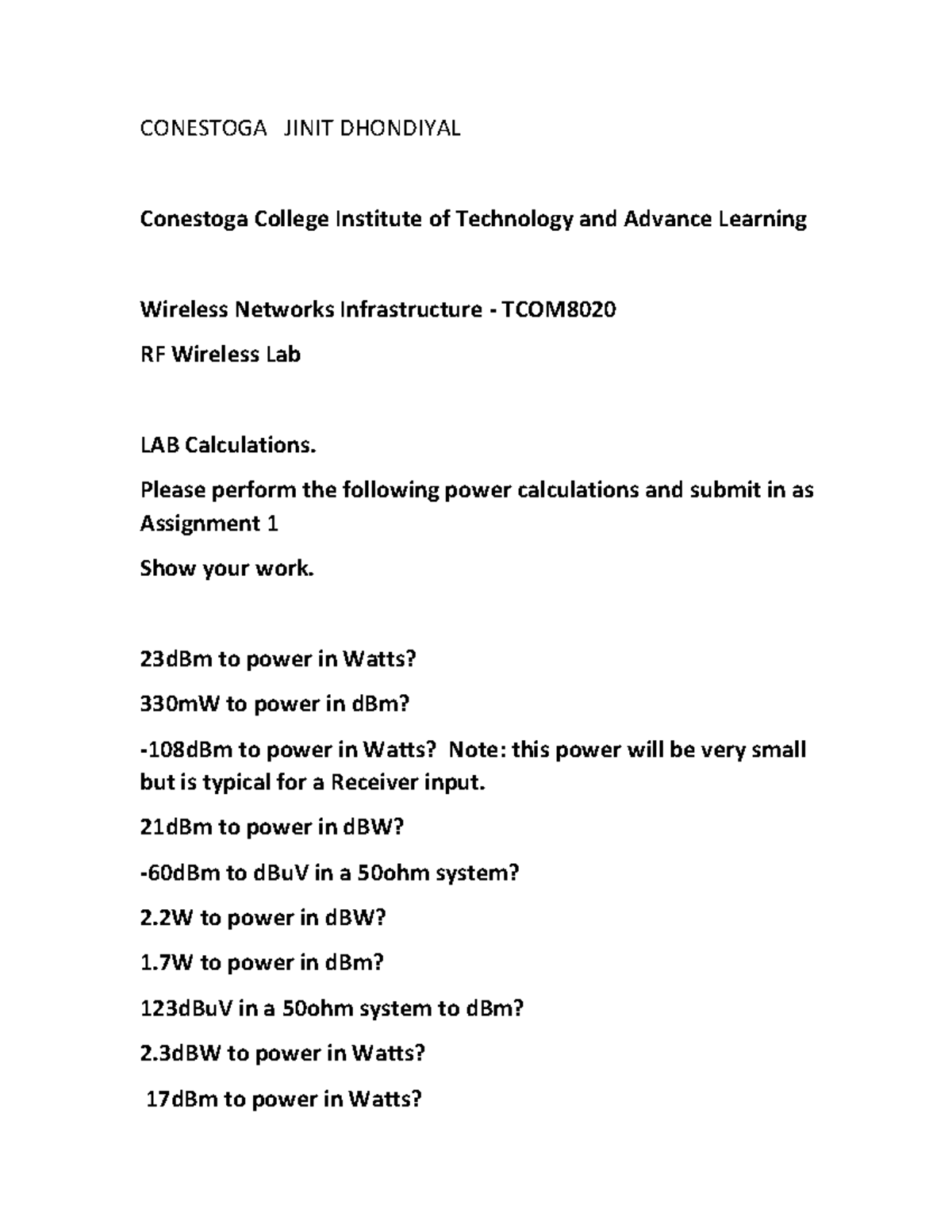 TCOM8020 power calculation questions Jinit Dhondiyal - CONESTOGA JINIT ...