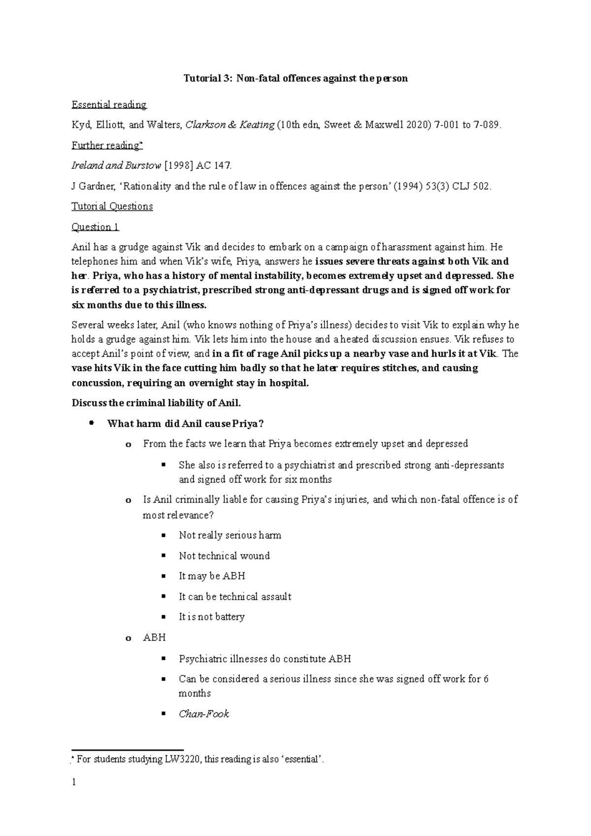 Criminal Law Tutorial #3 - Tutorial 3: Non-fatal offences against the ...