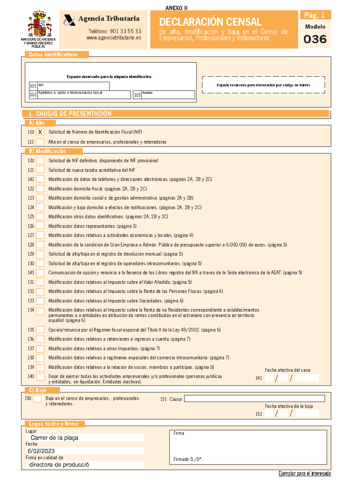 Modelo 036 - hol - DECLARACIÓN CENSAL de alta, modificación y baja en ...