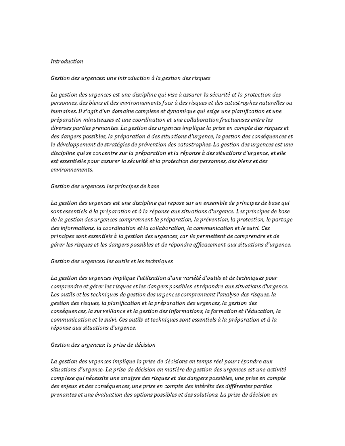 Emergency Management note study - Introduction Gestion des urgences ...