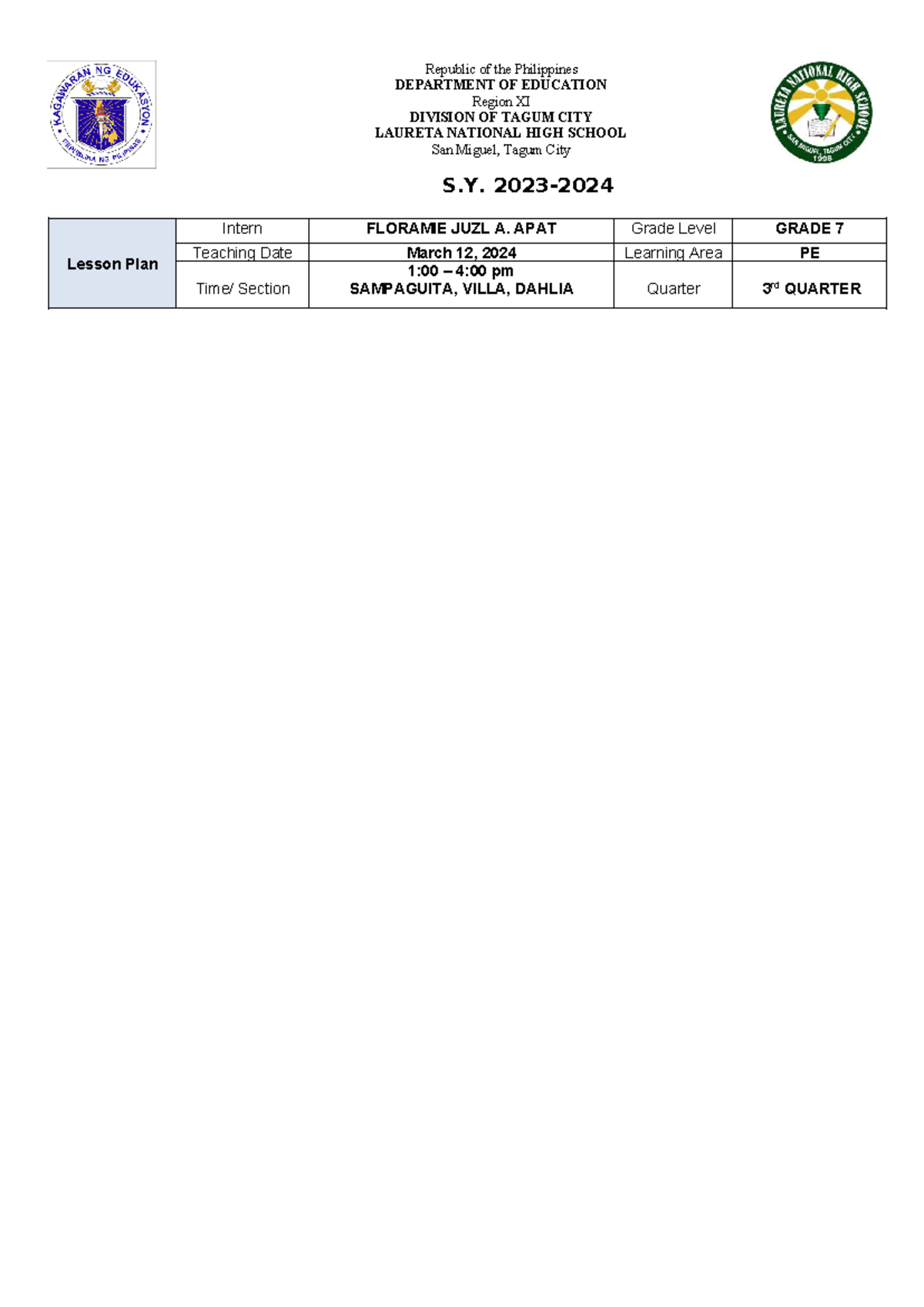 LP-Lesson-1 - lesson plan - Republic of the Philippines DEPARTMENT OF ...
