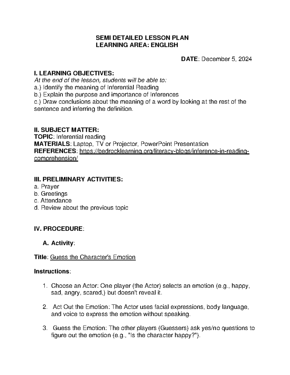 SEMI Detailed Lesson PLAN - SEMI DETAILED LESSON PLAN LEARNING AREA ...