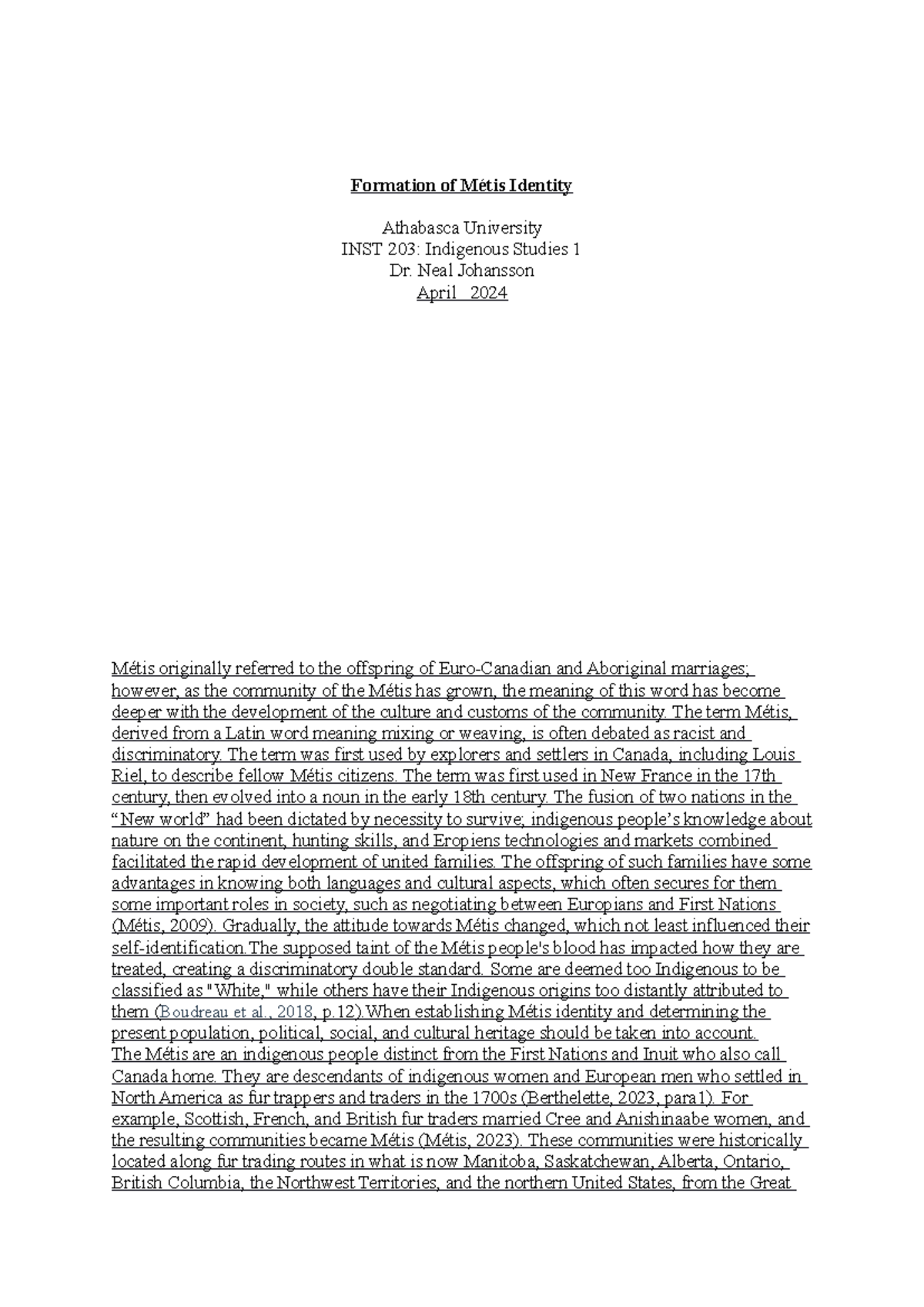 Metis - Formation of Métis Identity Athabasca University INST 203 ...