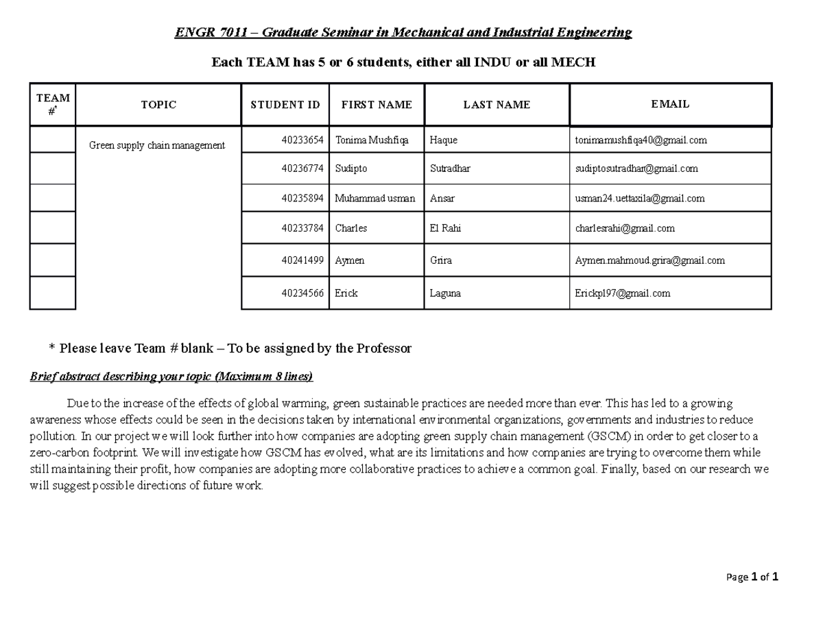Graduate Seminar Team List Compilation - To be filled by Students ...