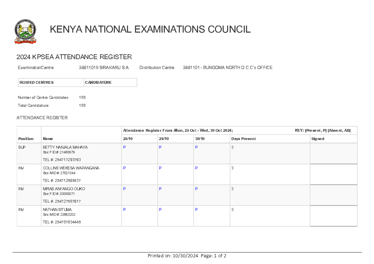 Download Attendance Register - KENYA NATIONAL EXAMINATIONS COUNCIL 2024 ...