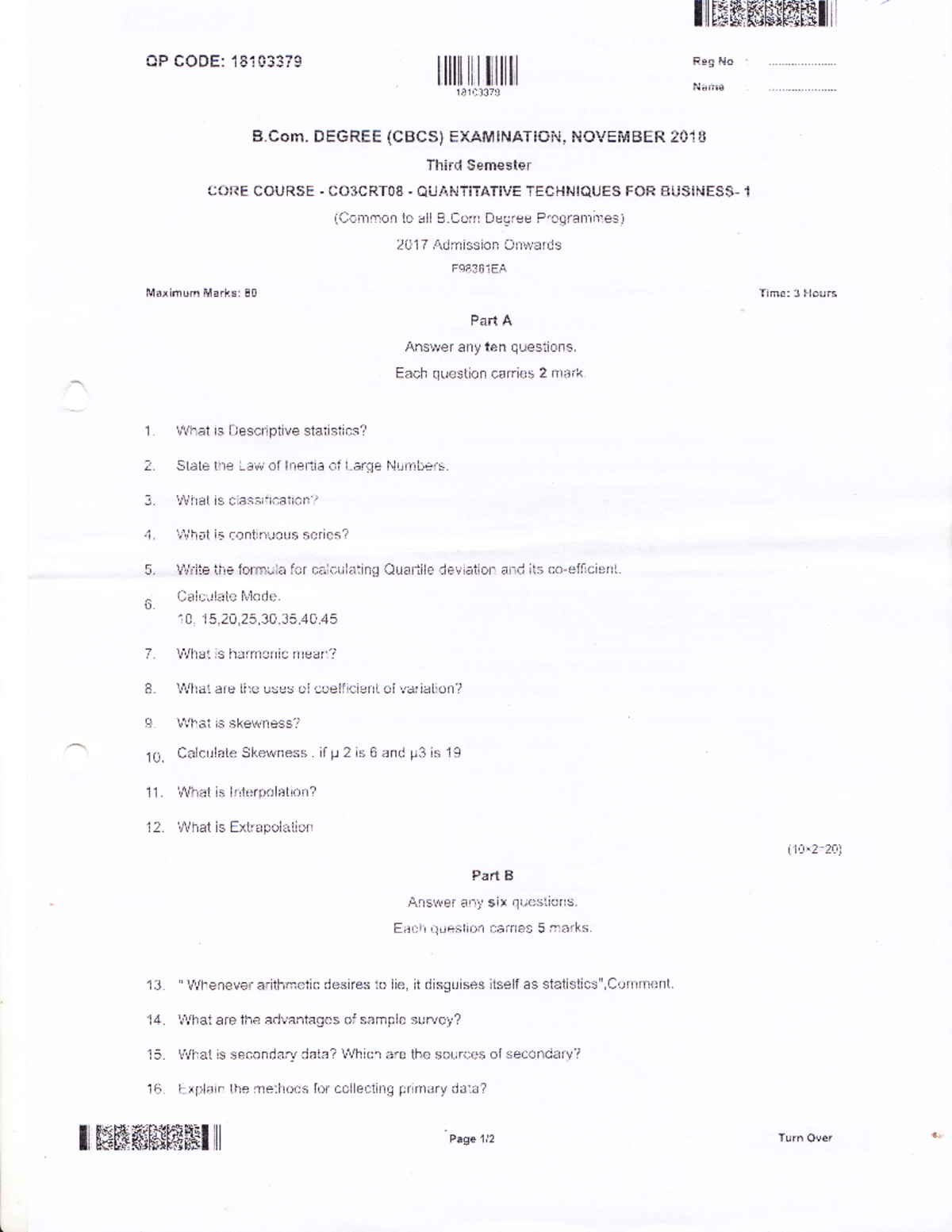 Quantitative Techniques for Business-1 - 8P CODE: 18103379 Reg No : Name : B. DEGREE (CBCS ...