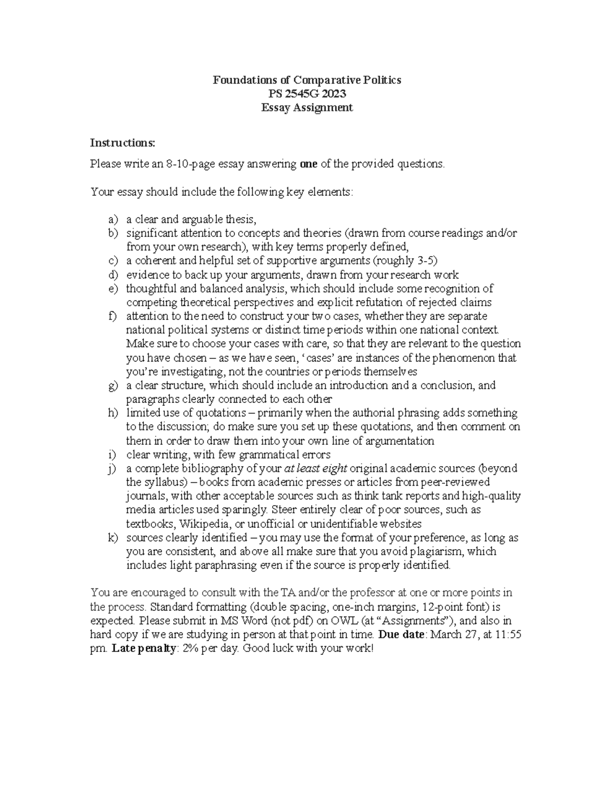 PS 2545G Essay Assignment 2023 - Foundations of Comparative Politics PS ...